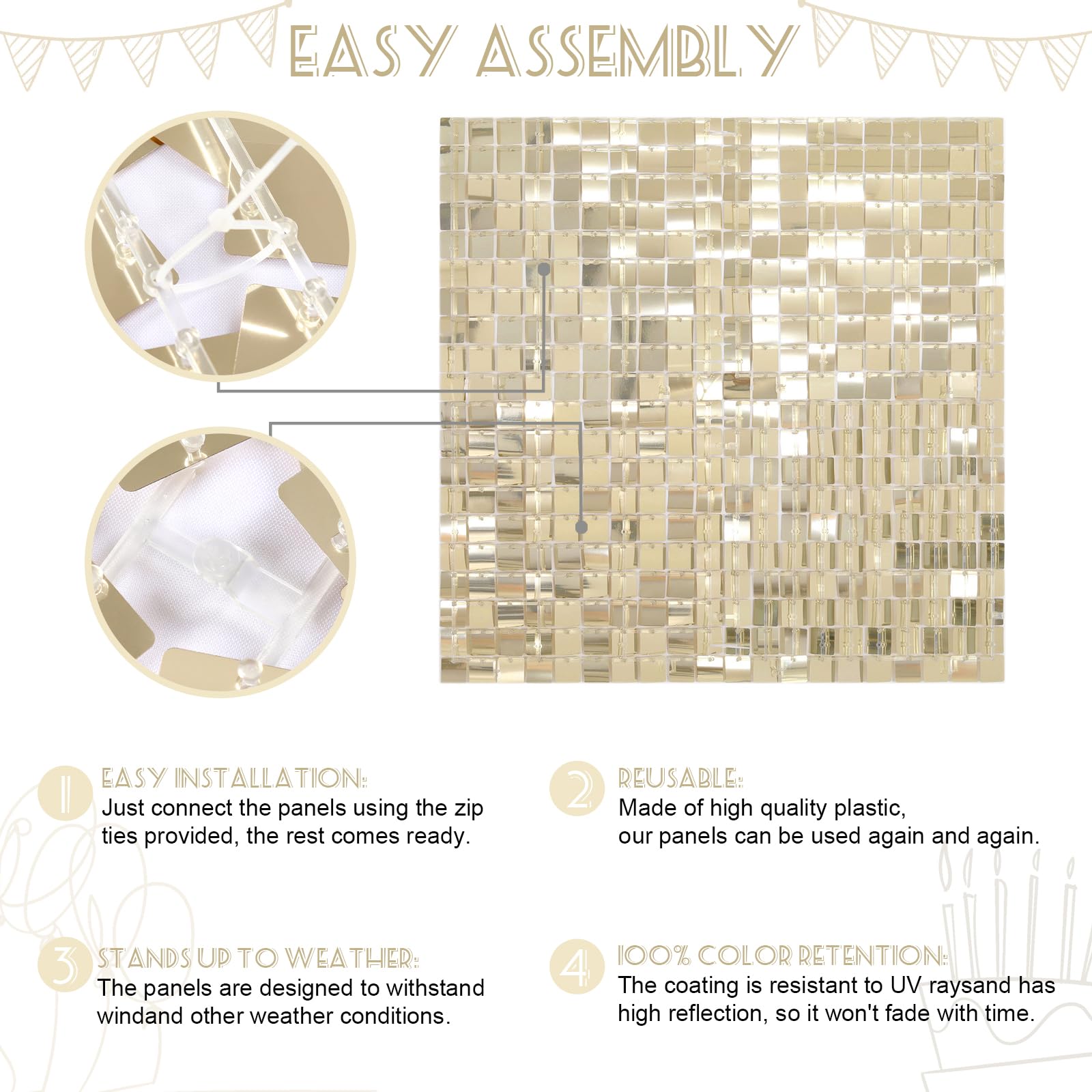 Square Shimmer Panels Light Gold Sequin Backdrop Shimmer Wall Backdrop 36 Panels Glitter Photo Backdrops for Birthday Anniversary Wedding Engagement Decoration
