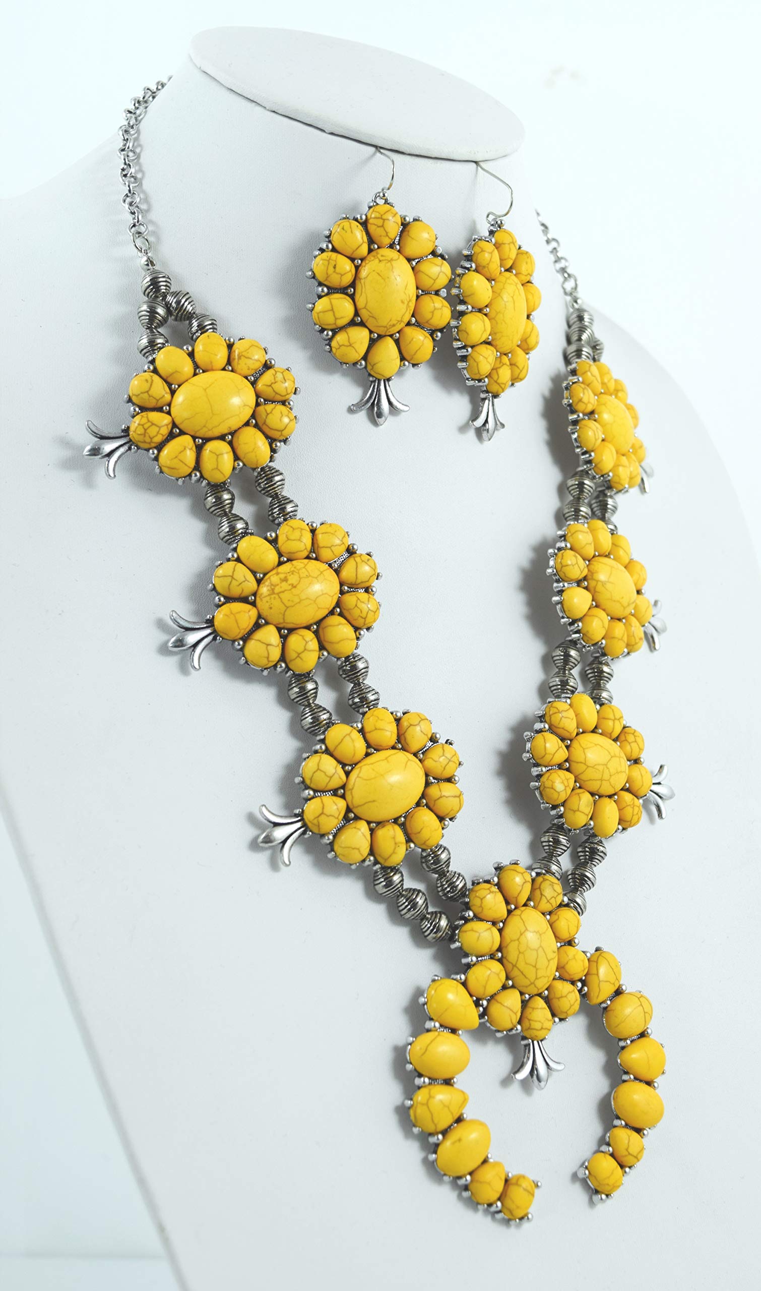 tipi Southwestern Faux Turquoise Squash Blossom Statement Necklace & Earrings Set (Yellow)