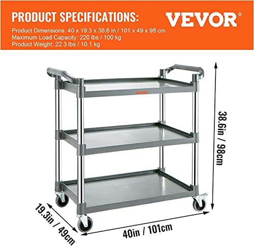 VEVOR Utility Service Cart, 3 Shelf Heavy Duty 220LBS Food Service Cart, Rolling Utility Cart with Lockable Wheels, 40" x 19.3" x 38.6" Plastic Utility Cart for Kitchen Office Restaurant Home, Grey