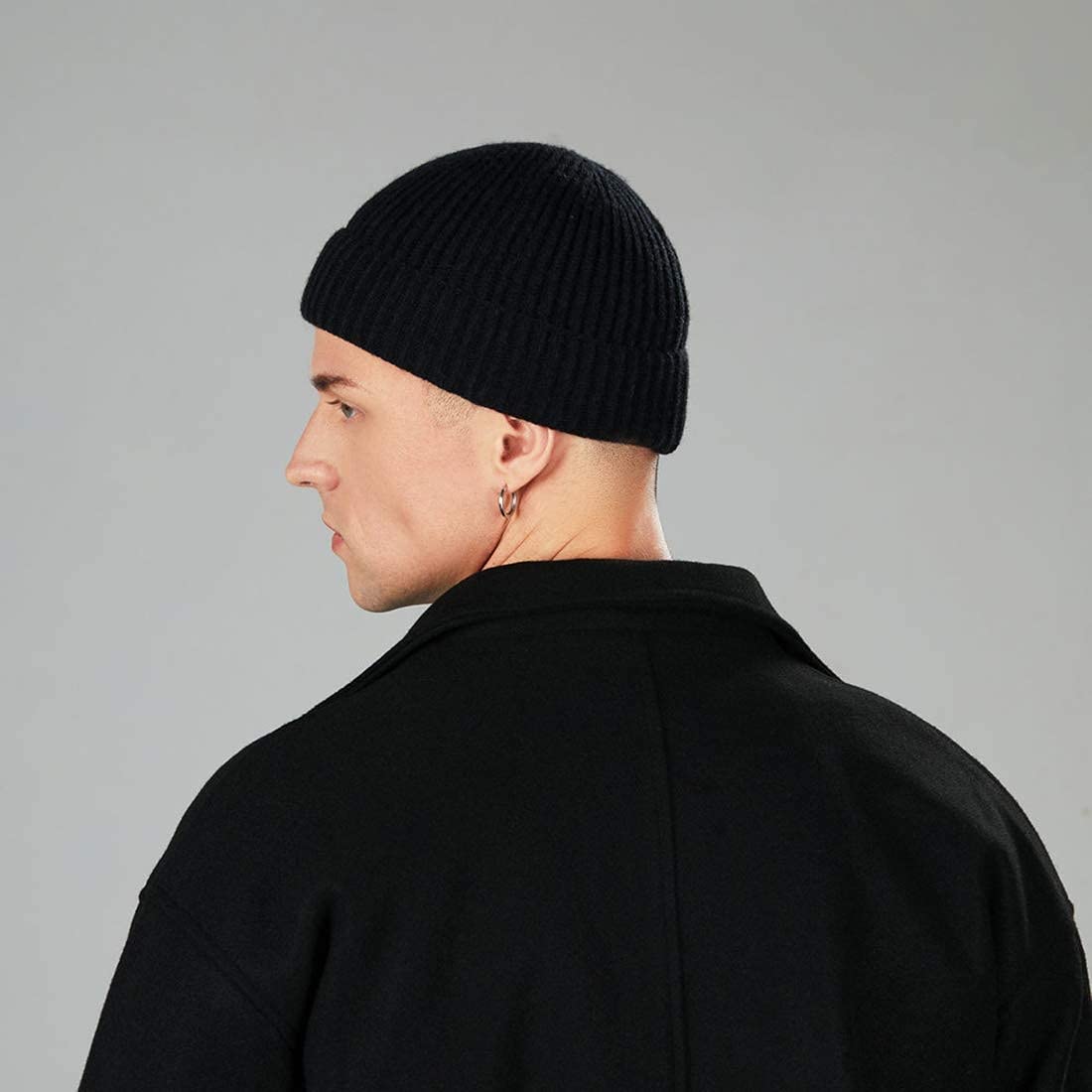 vidsel Short Fisherman Beanie for Men Women, Swag Wool Knit Cuff Trawler Skullcap,Winter Warm Hats Black