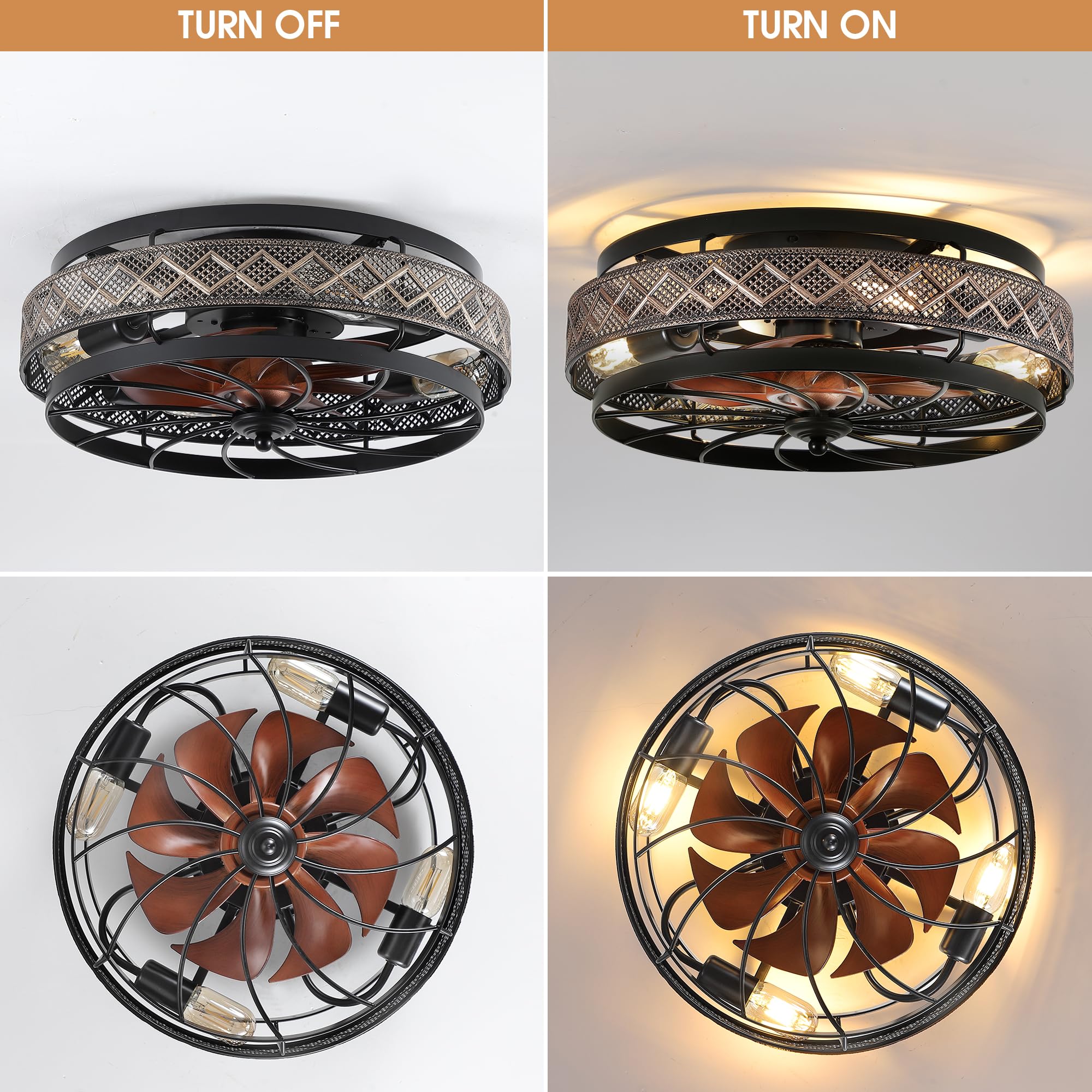 SHIHOT Low Profile Caged Ceiling Fans with Lights and Remote, Flush Mount Ceiling Fan with Light, Bedroom Fan, Small Industrial Black Ceiling Light Fixture, Reversible(Bulbs not Included)