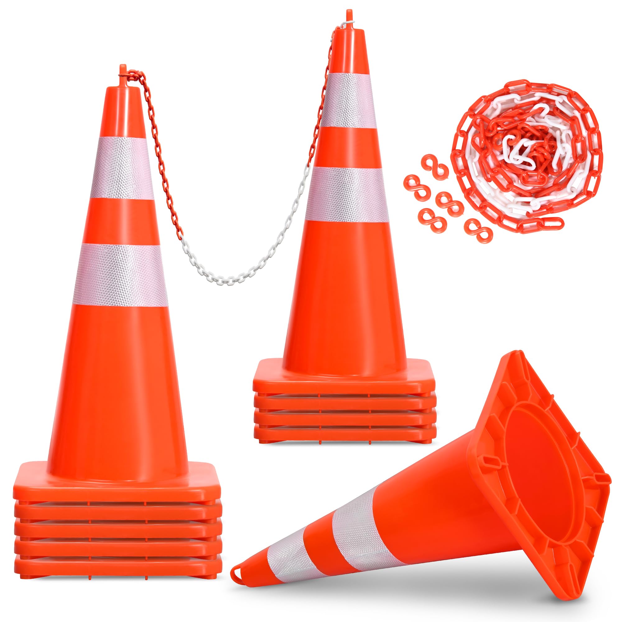 YITAHOME Traffic Cones 28 Inch (10 Pack), with 29.5FT Chain and Reflective Collars, PVC Orange Construction Cones, Safety Cones for Parking Lot, Home Road