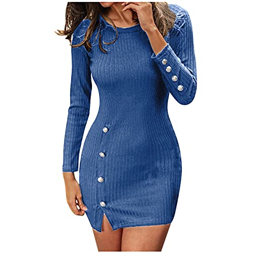 Women's Sweater Dress Side Split Button Mini Wrap Dress Solid Color Long Sleeve Ribbed Crew Neck Slim Dress