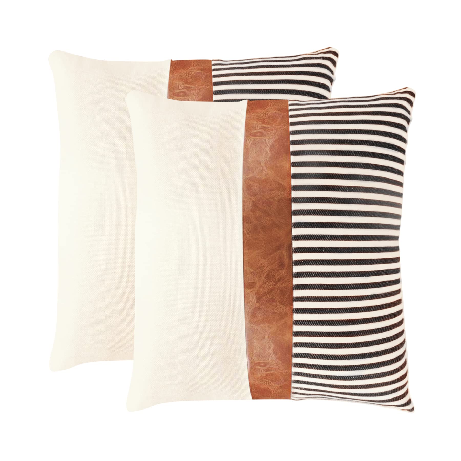 TIMDAM Farmhouse Decorative Throw Pillow Covers 18x18, Set of 2 Couch Pillow Cover for Living Room, Stripe Patchwork Linen Pillow Covers, Modern Accent Decor Square Faux Leather Throw Pillow Cases