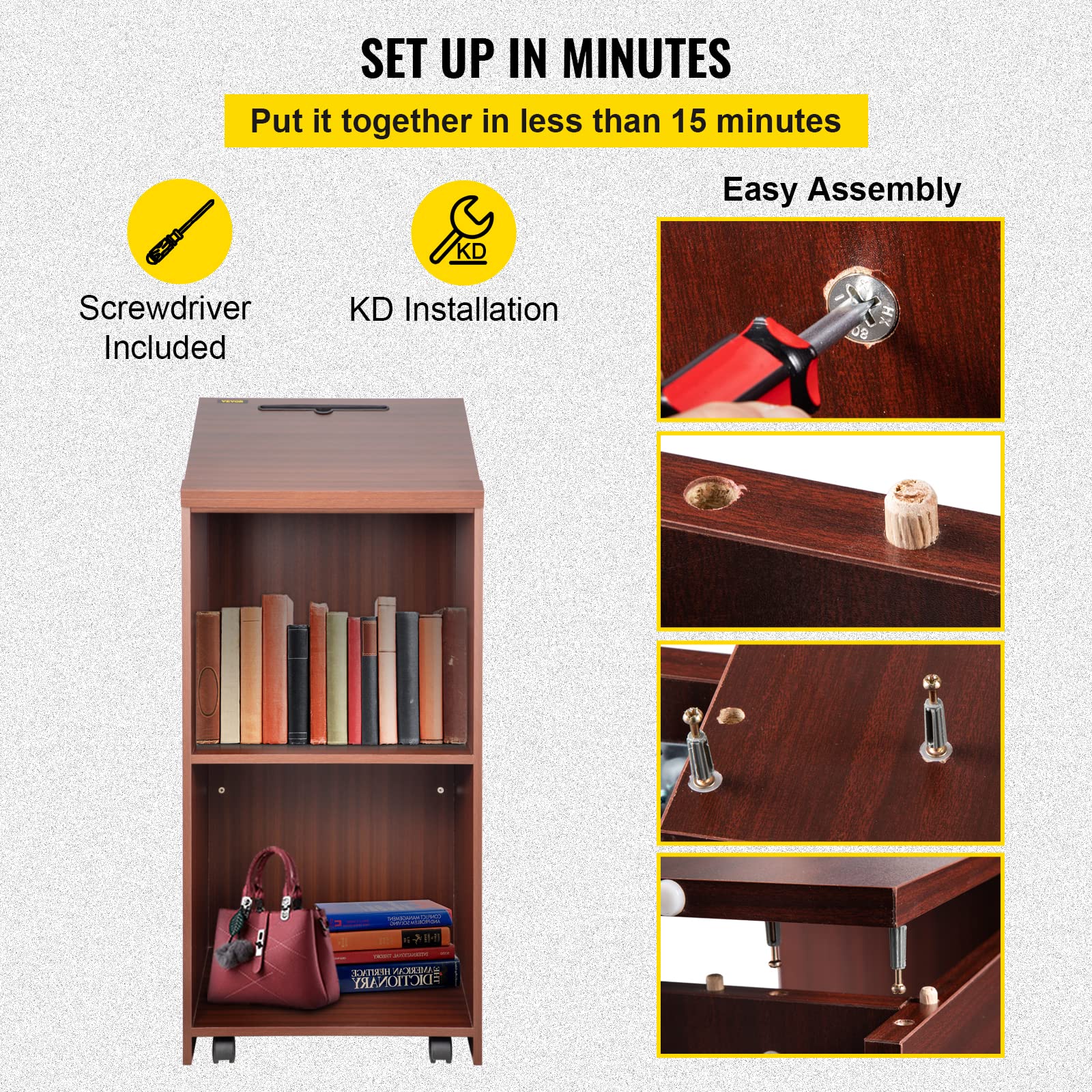 VEVOR Wood Podium, 23.6" x 47.2", Lecterns and Podiums w/ 4 Rolling Wheels, Slant Surface, Baffle Plate & Shelf, Easy Assembly Walnut Lecterns for Church, Office, School, Home