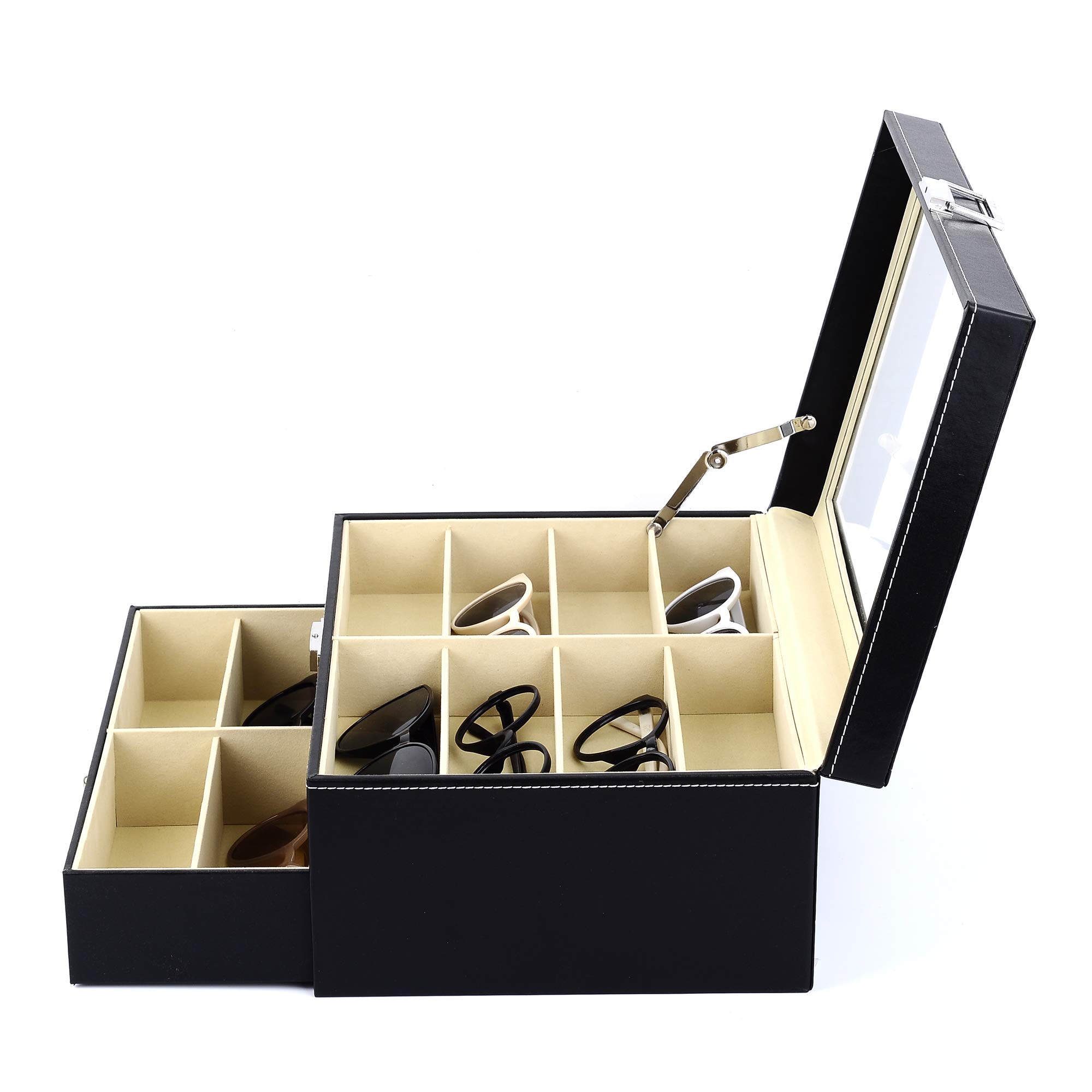 Siveit 16 Slot Sunglass Organizer Leather Eyeglasses Collector Eyewear Display Case Storage Box, Black