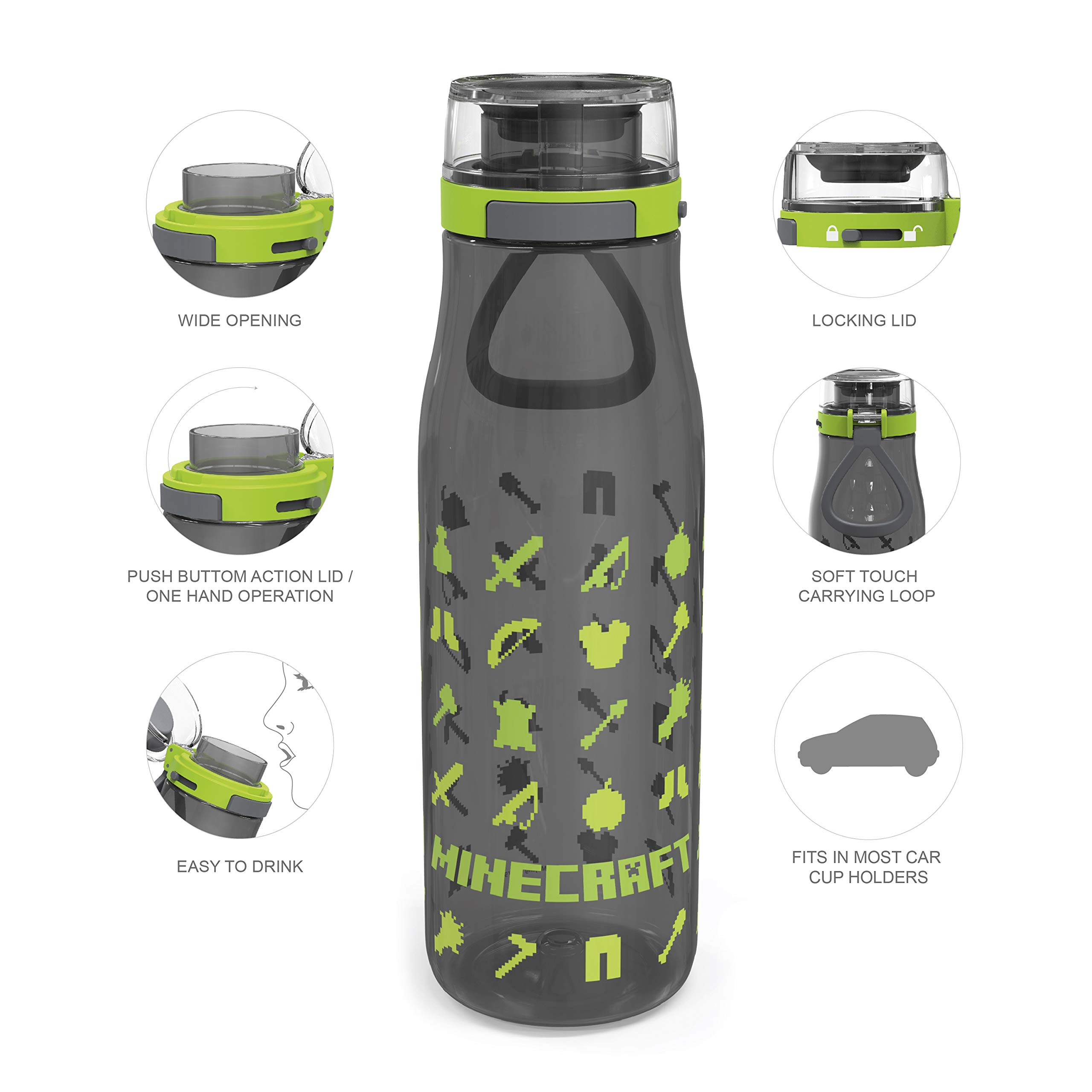 Zak Designs Minecraft Plastic Water Bottle with Push Button Action, Locking Lid, and Portable Carry Loop, Includes 2 Reusable Straws (25oz, BPA-Free)