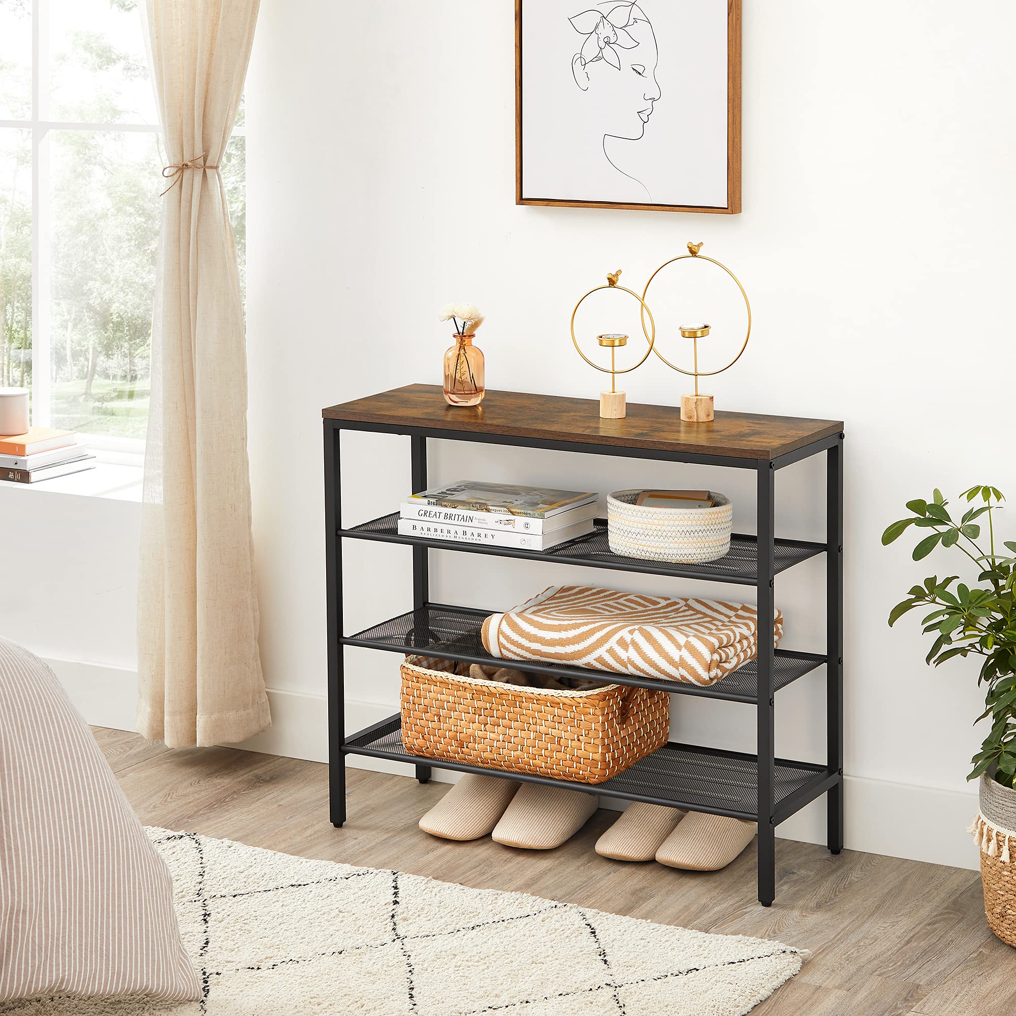 VASAGLE 5-Tier Rack, Freestanding Shoe Storage Organizer, Mesh Shelves, Space-Saving in the Entryway, Industrial, Rustic Brown + Black