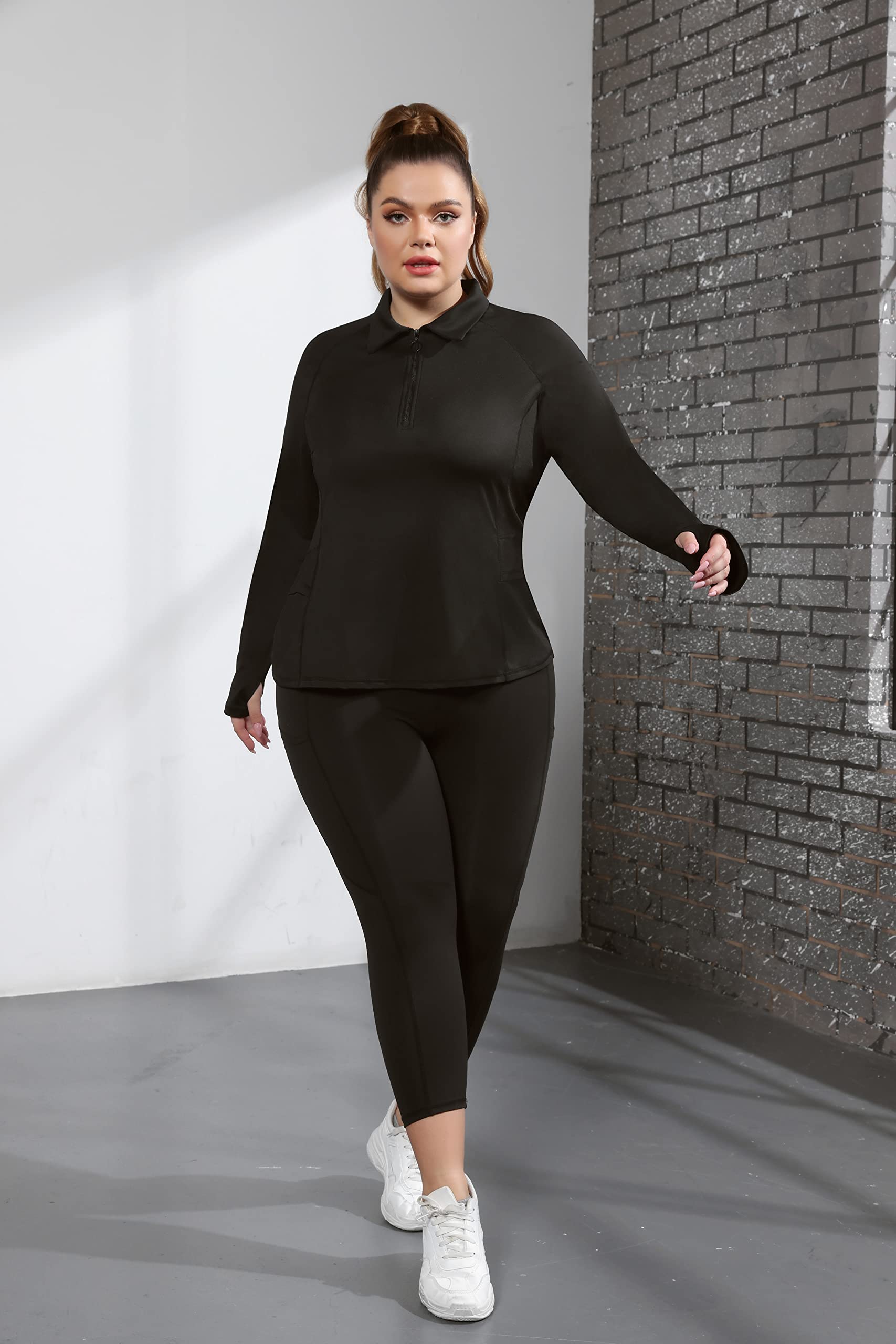 Women's UPF 50+ Long Sleeve Running Hiking Outdoor Tops with Side Pocket and Thumb Hole Black 4X