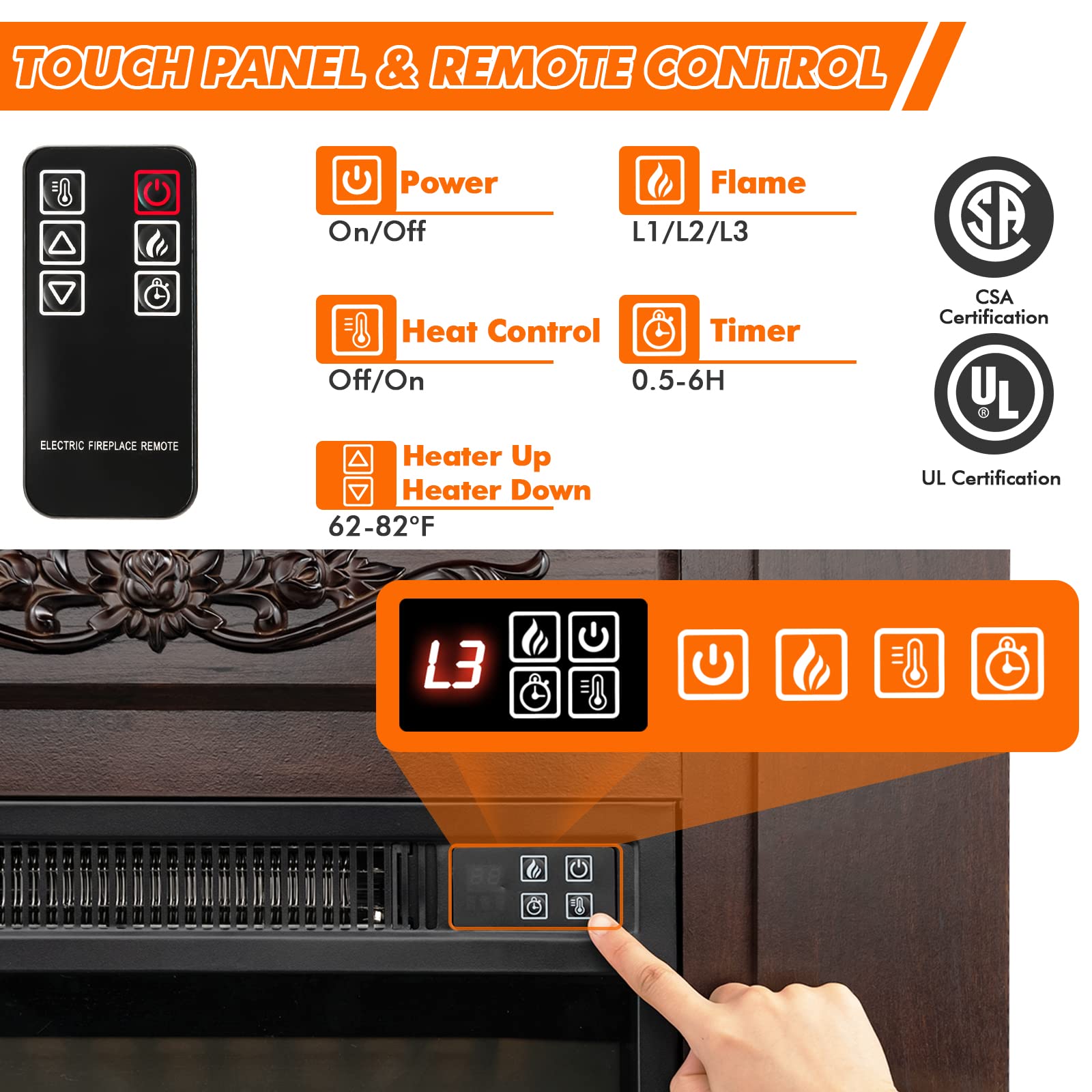 Tangkula 32’’Electric Fireplace with Mantle, Freestanding Fireplace Heater w/ 3D Realistic & Adjustable Flame, Remote Control, Overheat Protection, 1400 W Wooden Fireplace Mantel for Home (Brown)