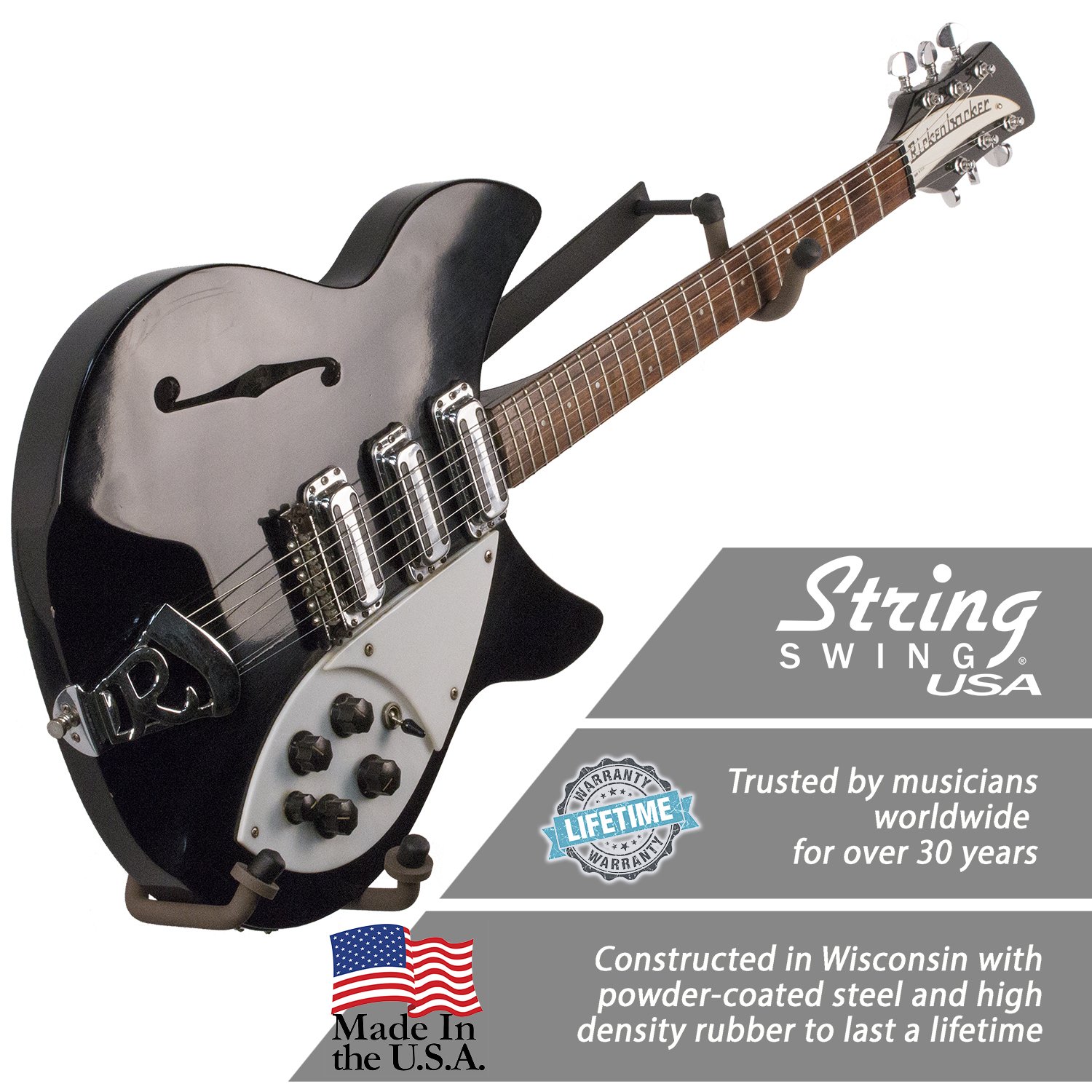 String Swing Guitar Holder Horizontal Low-Profile Narrow-Body for Flat Wall Mount Bass and Electric Guitars- 1 Piece Unit CC151-LPN-FW