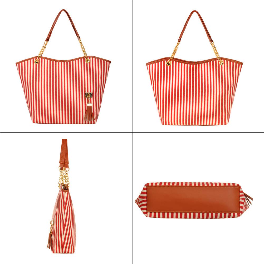 Womens Canvas Handbag Tassel Stripes Purse Tote Fashion Shoulder Bag Large Capacity, Red and White