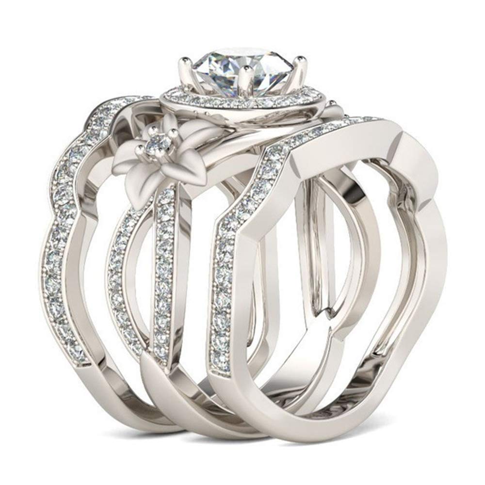 SixTwo 18K Gold Shiny Diamond Ring 3D Flower Ring Set AAA Rount Cubic Zirconia Eternity Band Rings CZ Diamond 3 Pcs Ring Set Wedding Engagement Anniversary Promise Rings Bridal Sets (White Gold, 9)