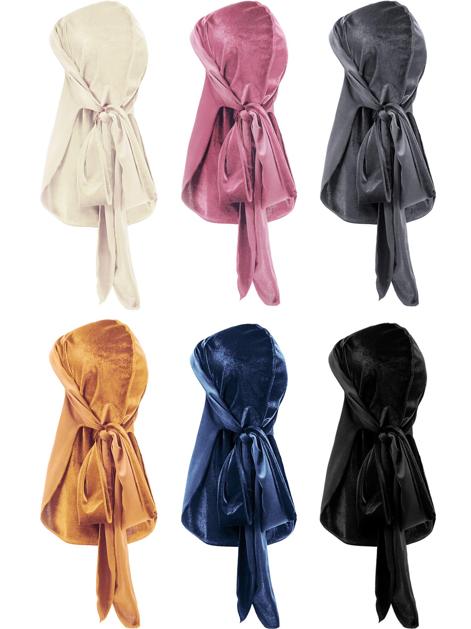 Tatuo 6 Pcs Velvet Durags for Men with Long Tail Stretchable Luxury Suede Durags(Grey, Dark Blue, Black, Gold, Beige, Light Pink)