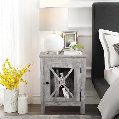 Tidyard Set of 2 Industrial Nightstand Side Table End Table with X Design Glass Door Light Gray Wood Sofa End Side Table, Bedside Nightstand for Living Room Bedroom Kitchen Bathroom