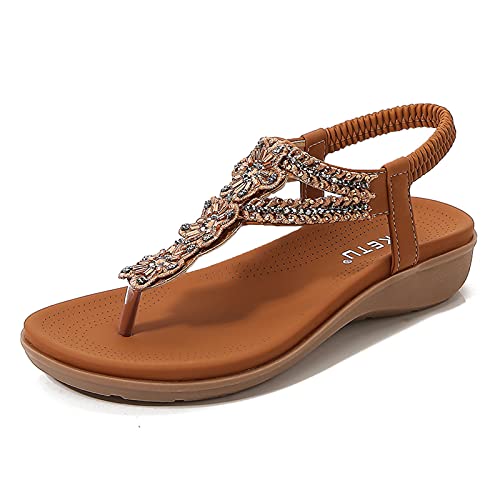 Women’s Retro Studded Wedge Sandals, Spring Summer Solid Color Elastic Band Non-Slip Flip Flops (Brown, 7.5)