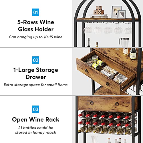 Tribesigns Wine Rack Cabinet Tall Freestanding Floor Liquor Cabinet with Glasses Holder and 1 Drawer, Industrial 21-Bottle Metal and Wood Wine Rack Table for Home Bar, Kitchen, Dining, Rustic Brown