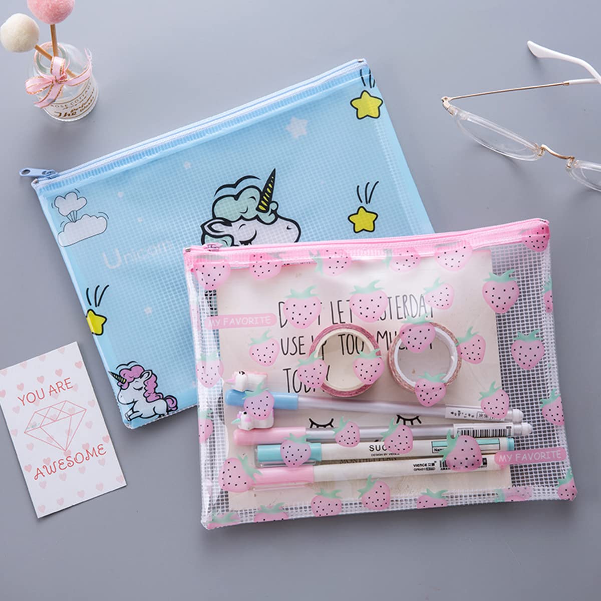 RUSUO PVC Bag, Mini Cute PVC Pen Pencil Bag Cartoon File Folder Cosmetic Mesh Pouch Organizer with Zipper for s s