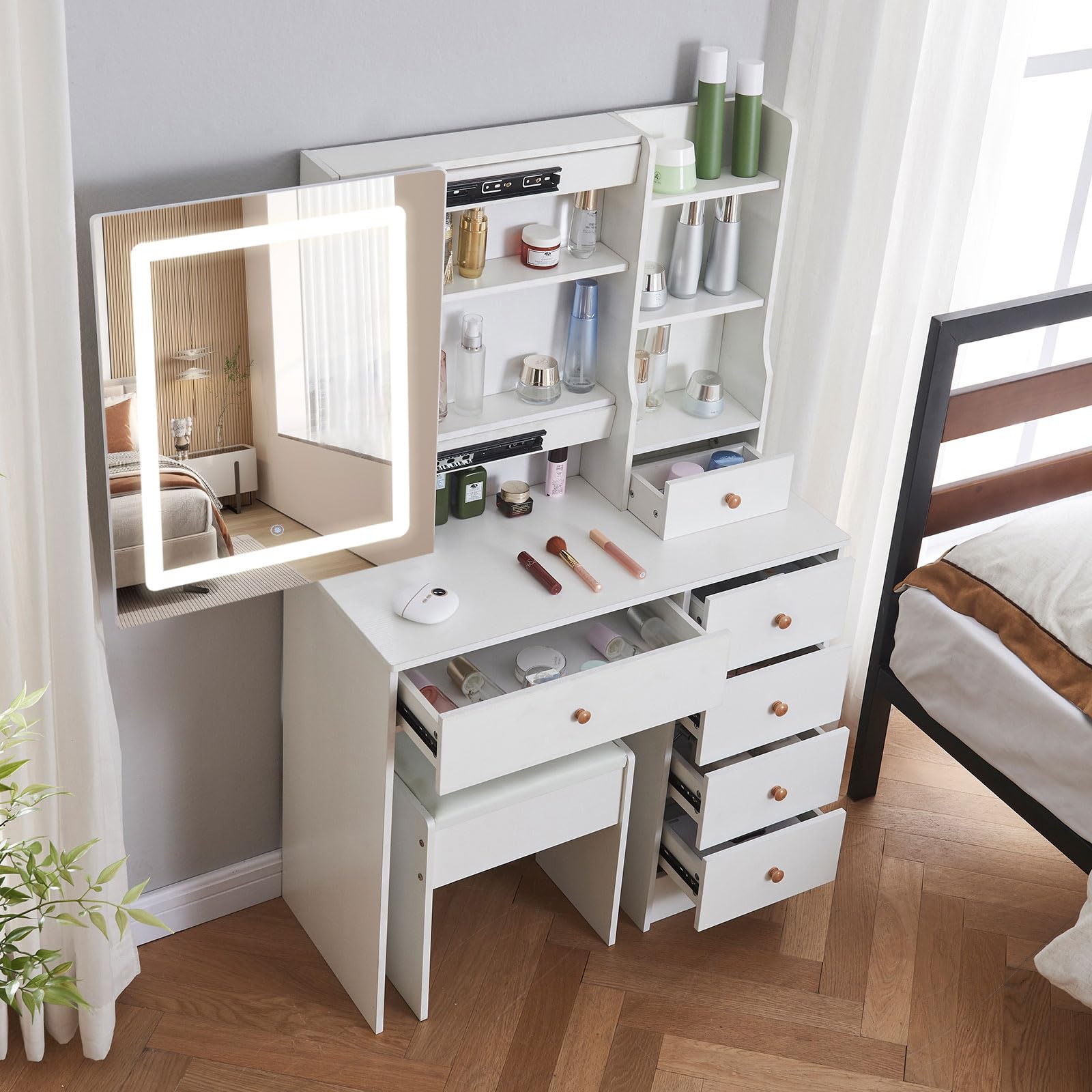 Vanity Desk Makeup Dressing Table with LED Lighted Mirror Cushioned Stool Set 3 Color Lighting Modes Storage Shelves 5 Drawers Brightness Adjustable Modern for Women Girls Bedroom White