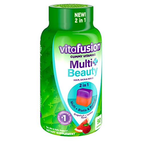 Vitafusion Multivitamin Plus Beauty β 2-in-1 Benefits β Adult Gummy with Hair, Skin & Nails Support (Biotin & Retinol β Vitamin A RAE) Daily, 90 Count