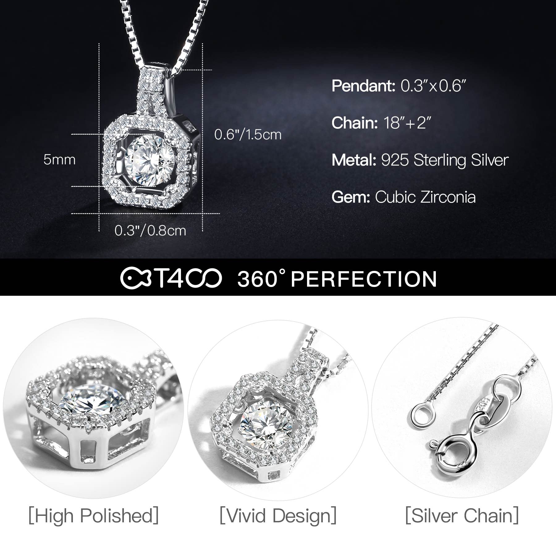 T400 Sterling Silver Cubic Zirconia Pendant Necklace Gift for Women