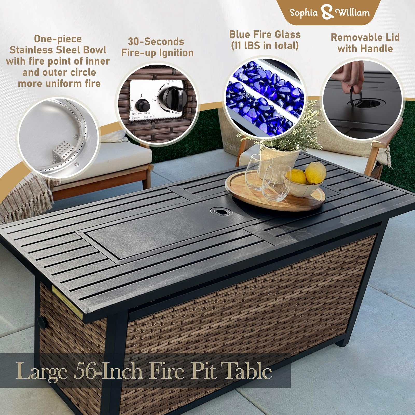 Sophia & William Patio Furniture Set with Fire Pit Table,15 Piece Outdoor Wicker Conversation Set with 56-Inch Fire Pit, Rattan Sectional Sofa, Navy Blue