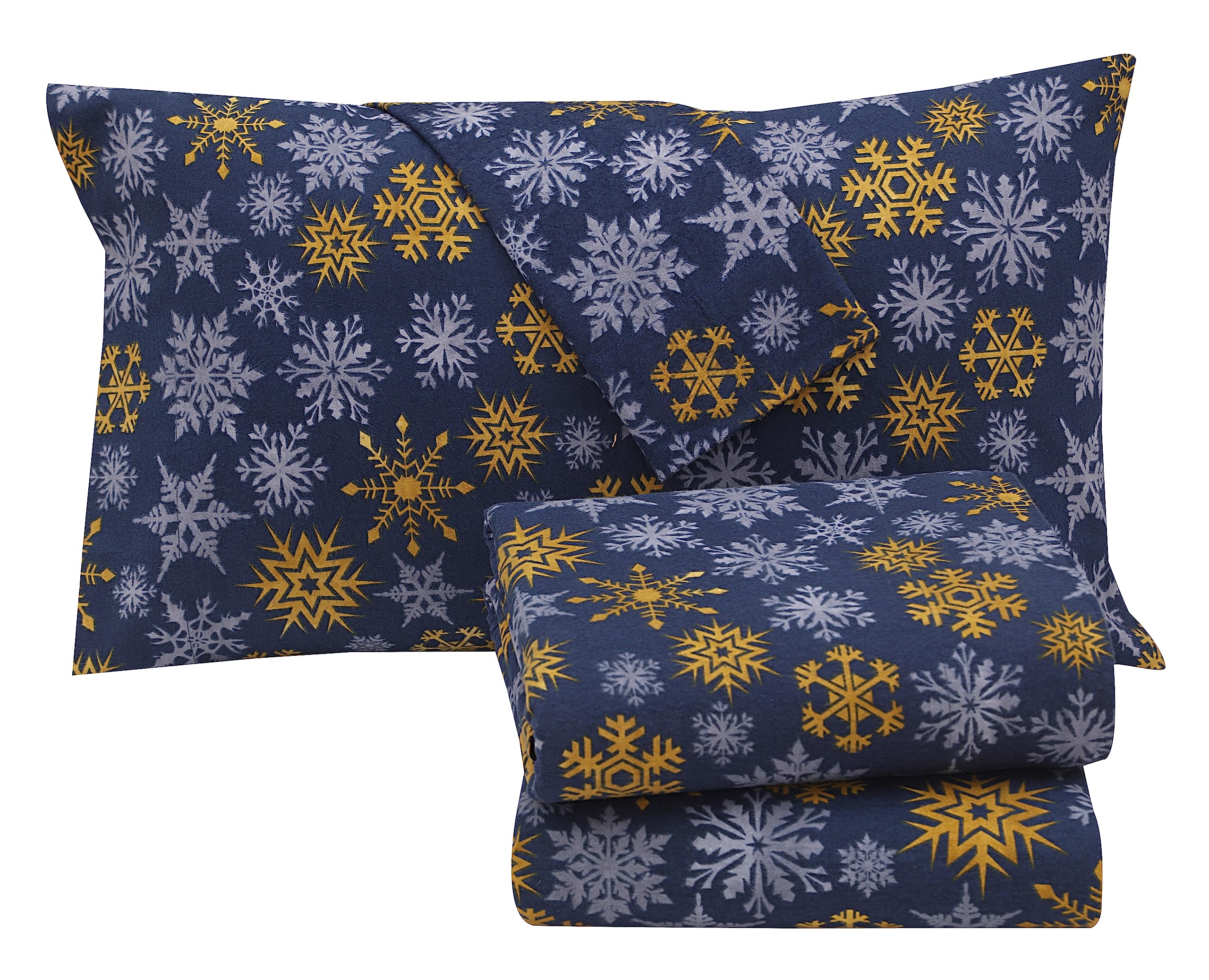 RUVANTI Flannel Sheets Full Size - 100% Cotton Brushed Flannel Bed Sheet Sets - Deep Pockets 16 Inches (fits up to 18") - All Seasons Breathable & Super Soft - Warm & Cozy - 4 Pcs - Snow Flake Gold