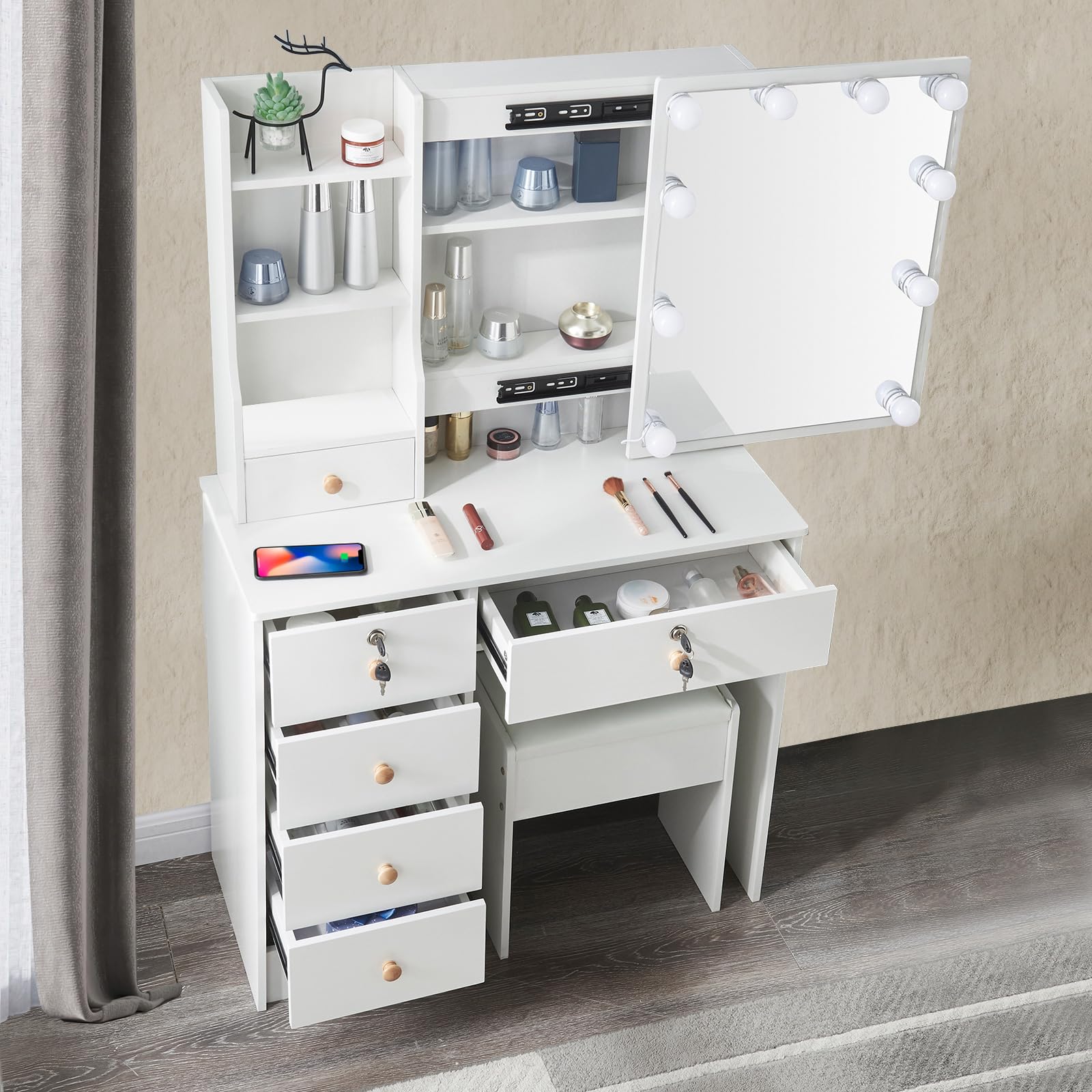 Vanity Desk Makeup Dressing Table with LED Lighted Mirror Cushioned Stool Set 3 Color Lighting Modes Storage Shelves 5 Drawers Brightness Adjustable Modern for Women Girls Bedroom White