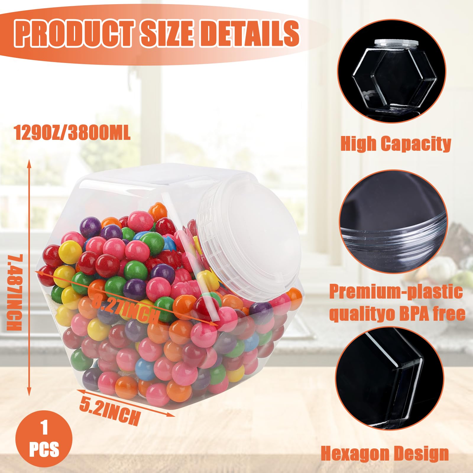 TINSKY 1 Piece Hexagon Clear Plastic Candy Jar Plastic Cookie Containers with Lids and Mini Acrylic Plastic Scoops Clear Candy Wide Mouth Containers for Christmas