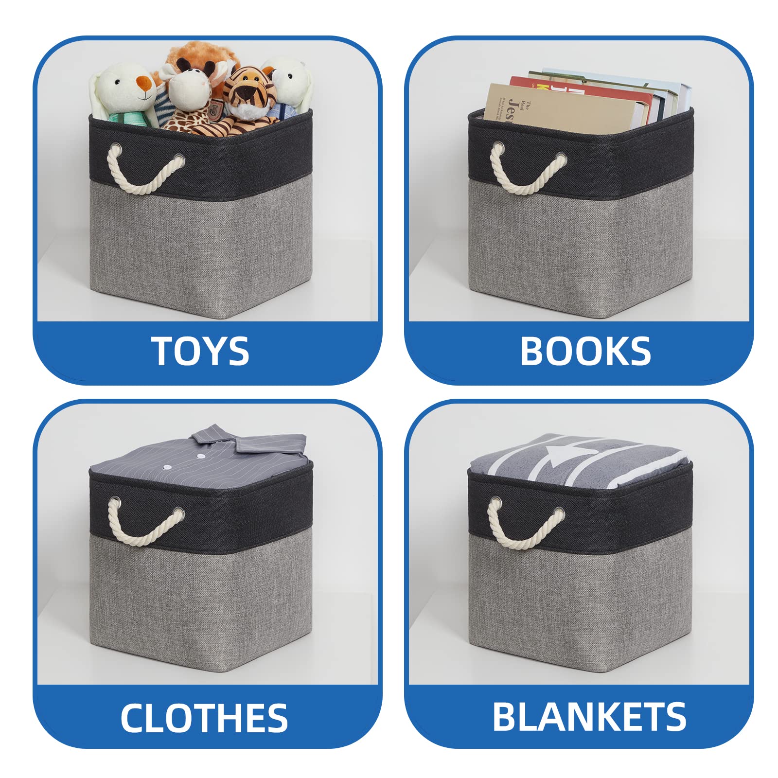 Temary Storage Baskets 4 Pack Fabric Storage Cubes Basket for Organizing Toys, Collapsible Cloth Baskets with Handles for Shelves, Nursery, Closet (Black&Gray)