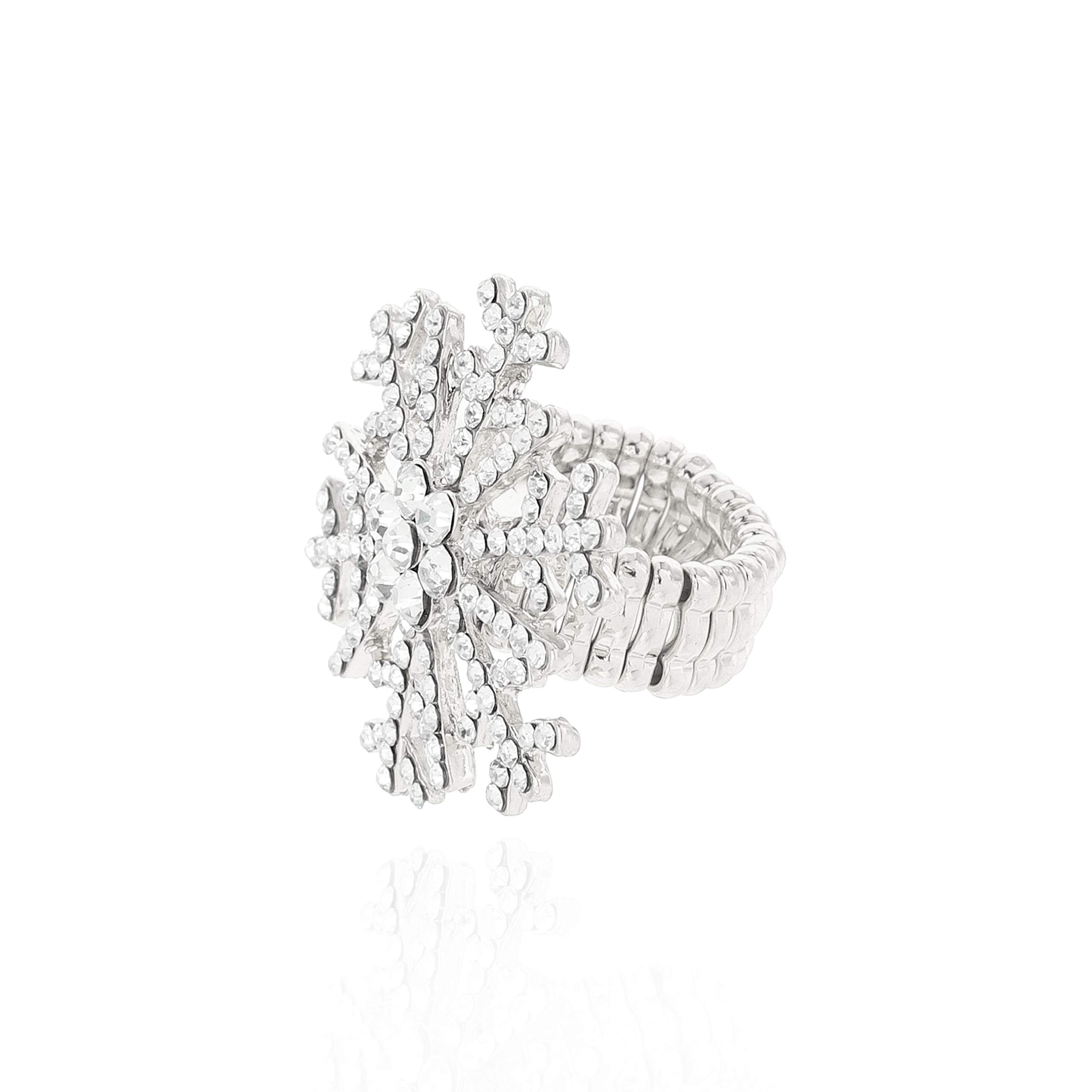 SP Sophia Collection Women's Glistening Rhinestone Winter Snowflake Stretch Ring in Silver