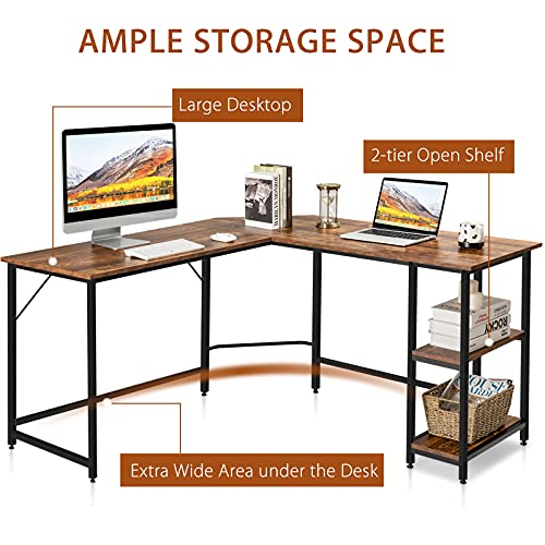 Tangkula Industrial L-Shaped Computer Desk, Space-Saving Corner Desk with Storage Bookshelves & Adjustable Foot Pads, Home Office Desk Study Workstation for Home Office