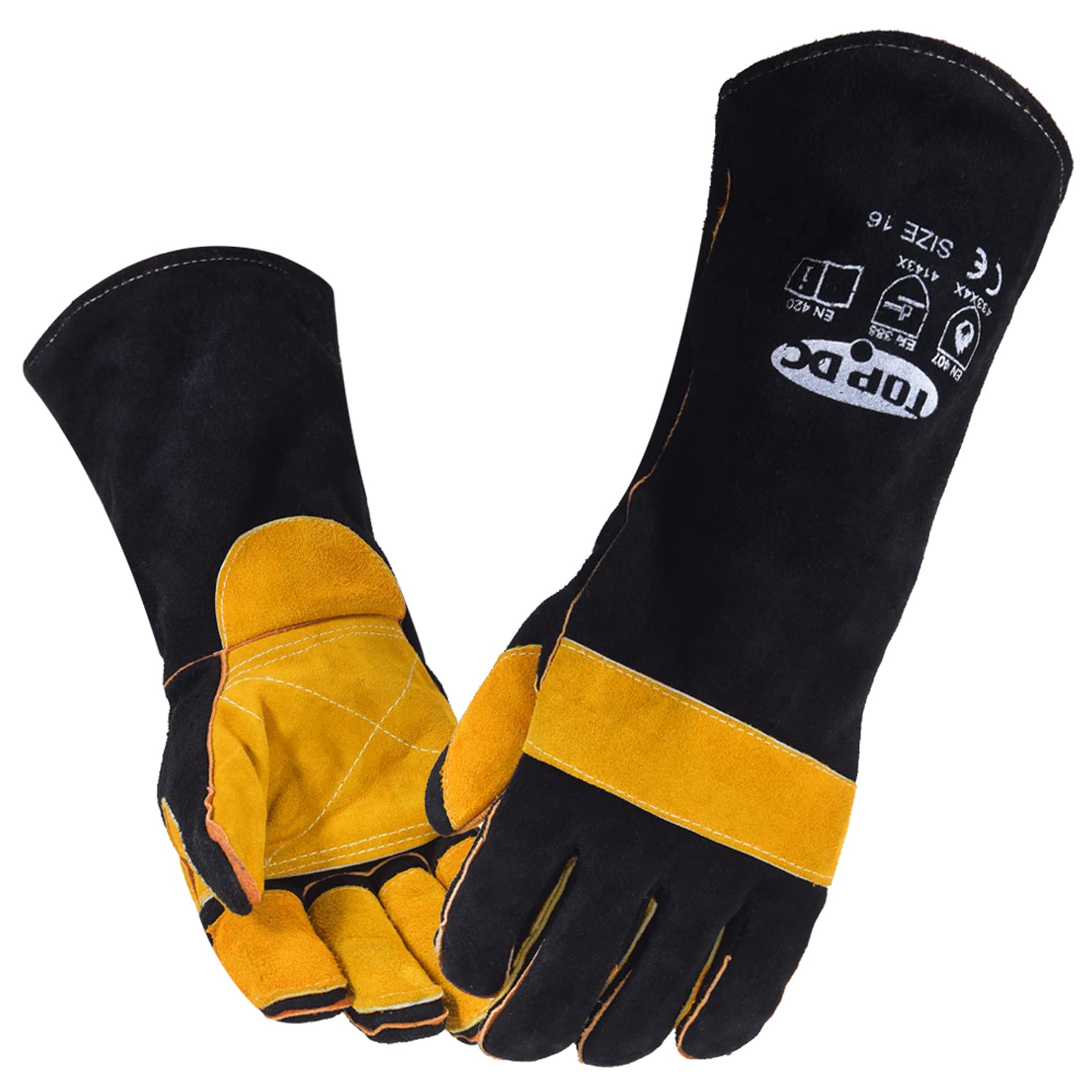 TOPDC Welding Gloves 16 Inches 932ā Fire/Heat Resistant Leather Welding Gloves For Mig, Tig, Stick, Forge, BBQ, Grill, Fireplace, Wood Stove, Furnace, Oven, Animal Handling for Safe, Loving Pet Care