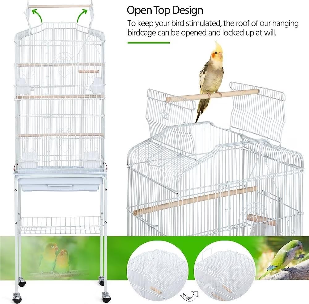 TENAS Deluxe 64-Inch Metal Bird Cage - with Open Top Design and Rolling Bracket - Premium Rust Resistant Wire - Easy-to-Clean Base - 360 Degree Rolling Casters - Convenient Slide-Out Tray (White)