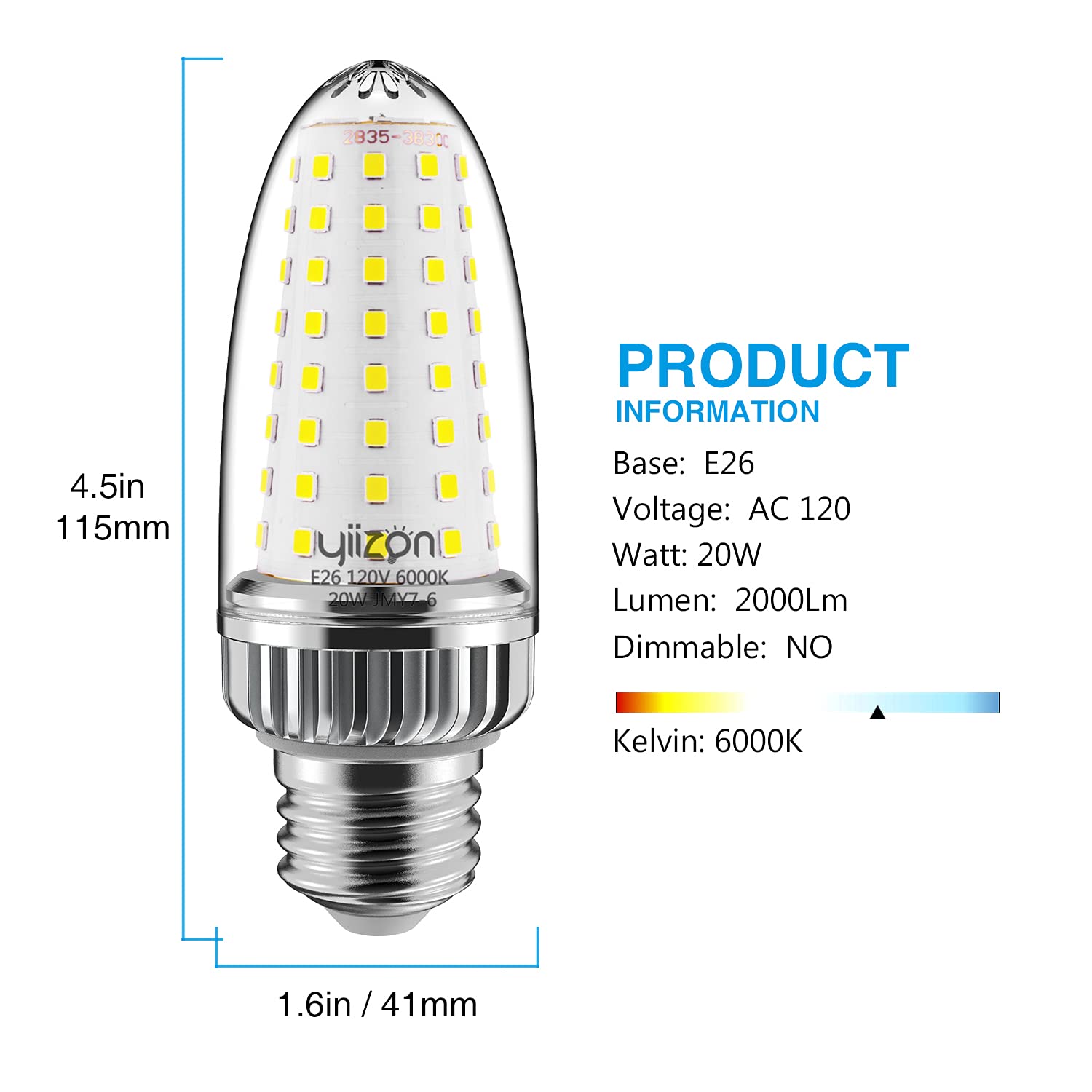 Yiizon LED Corn Bulbs E26 20W 150 Watt Equivalent Light Bulbs, 6000K Daylight White 2000LM E26 Edison Screw Light Bulbs Non-dimmable Candelabra LED Light Bulbs 4 Pack
