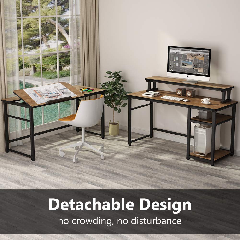 Tribesigns L-Shaped Computer Desk with Monitor Stand Riser, 70.8 inches Corner Computer Desk Study Writing Workstation Drafting Table with Tiltable Drawing Board for Home Office Use, Oak
