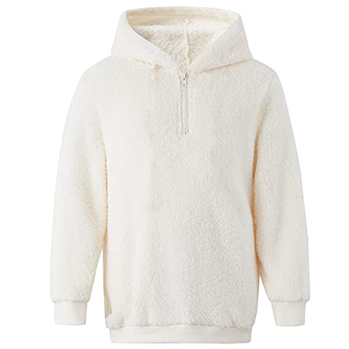 HMBEIXYP Girl's Polar Fleece Sherpa Pullover Fuzzy Fleece Sweatshirt Hoodie with Pockets White 90CM