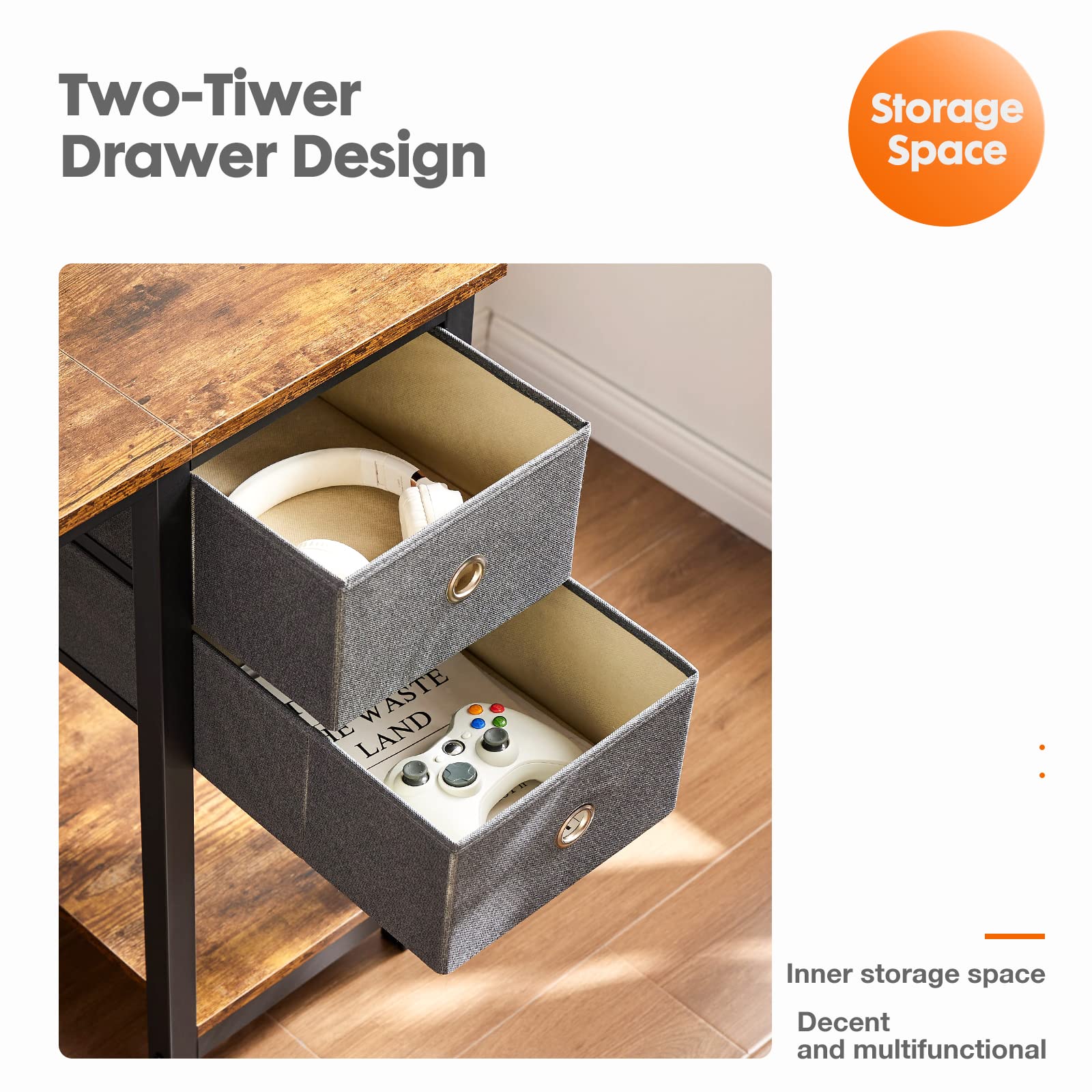 Sweetcrispy Computer Desk with Drawers 55 Inch Home Office Desk Writing Desk Work Desk PC Table Study Desk with 2-Tier Drawers Storage Shelf Side Hook, Modern Style Large Wood for Bedroom, Gaming
