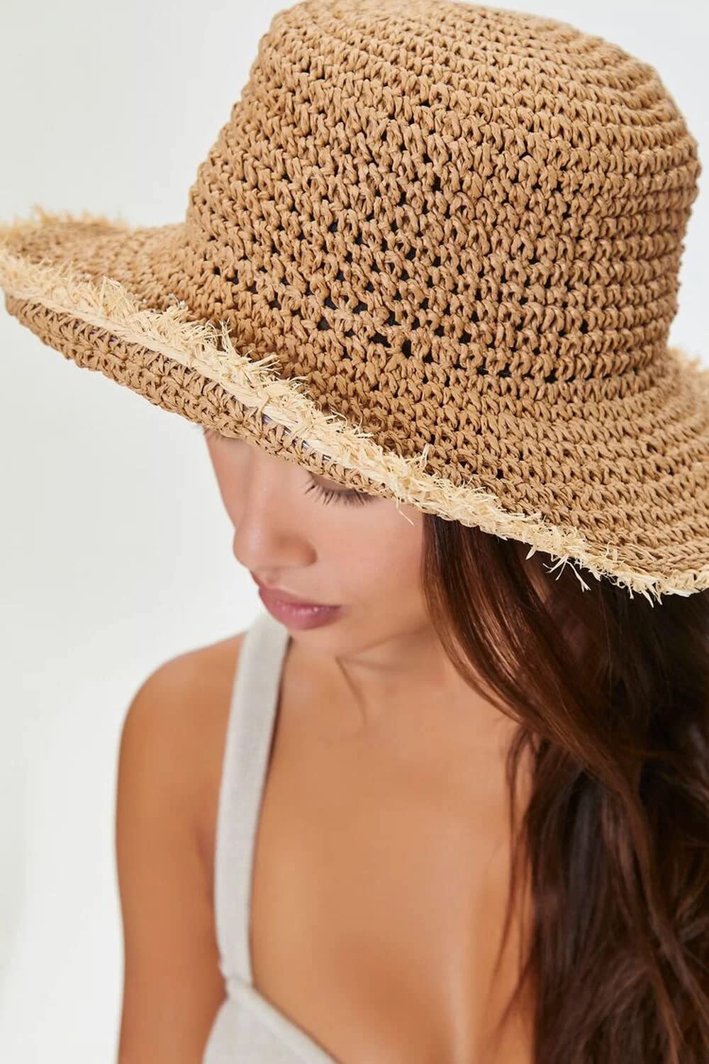Womens Summer Frayed Straw Bucket-Sun-Hats Floppy Wide Brim Beach Straw Bucket Hat (Large/60cm) Khaki