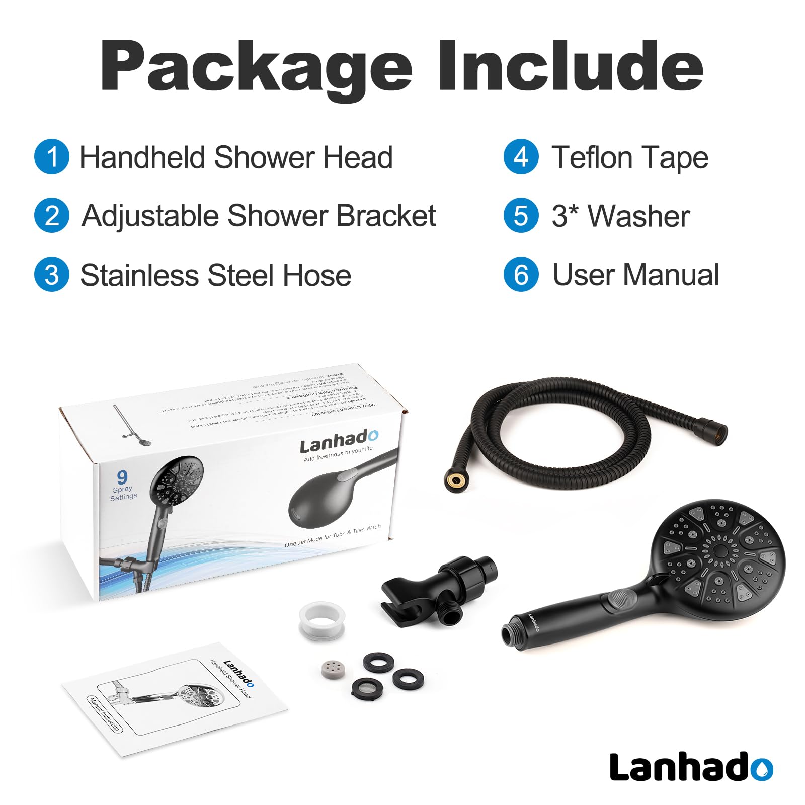 Shower Head with Handheld, Lanhado 9 Setting Matte Black Shower Head, Detachable Shower Head with Hose & Adjustable Bracket,High Pressure Shower heads, Built-in Power Wash to Clean Tub, Tile & Pets