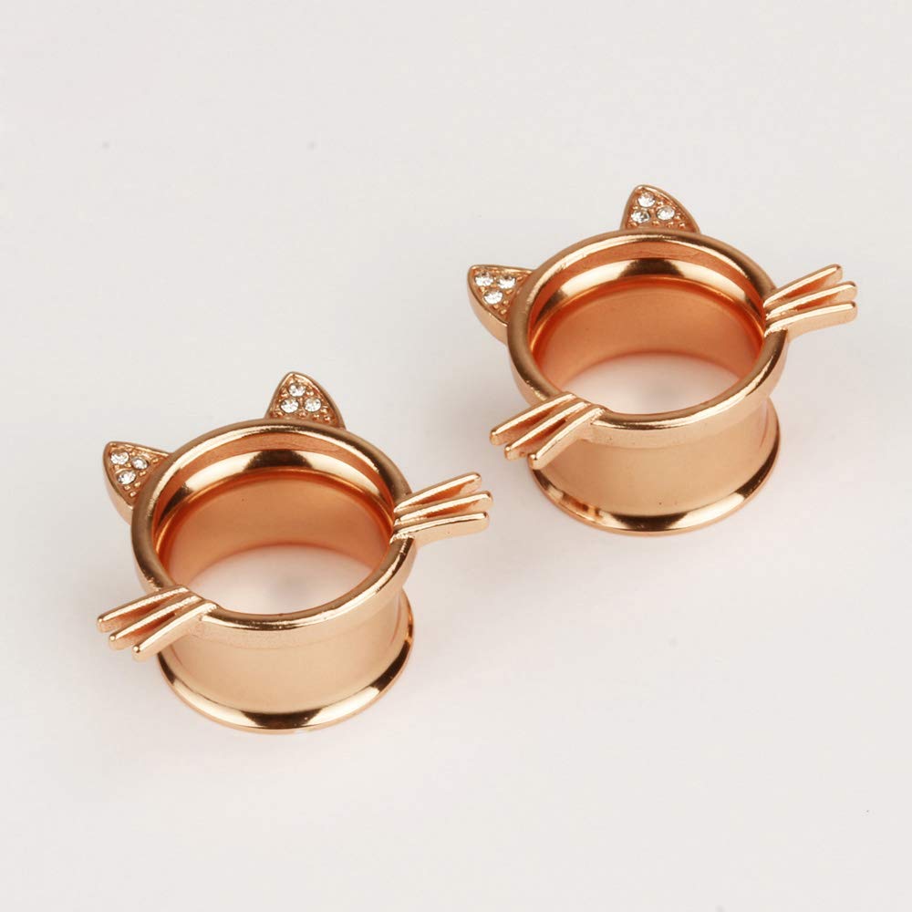 SUPTOP 2pcs Cute Kitty Ear Gauges Plugs And Tunnels for Ear Rose Glod Stretched Ears Size 2g - 1 inch