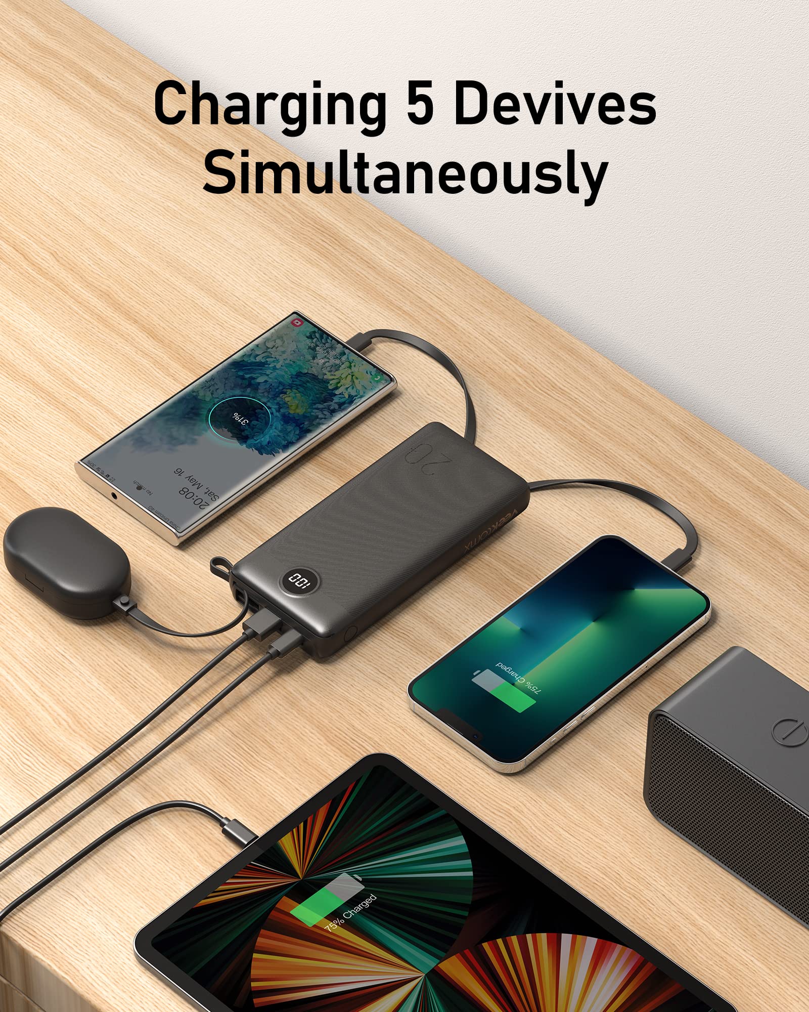VEEKTOMX Power Bank with Built in Cables 20000mAh, Portable Charger for iPhone, USB C LED Display External Battery iPhone Charger Compatible with iPhone, iPad, Samsung and Android Devices for Travel