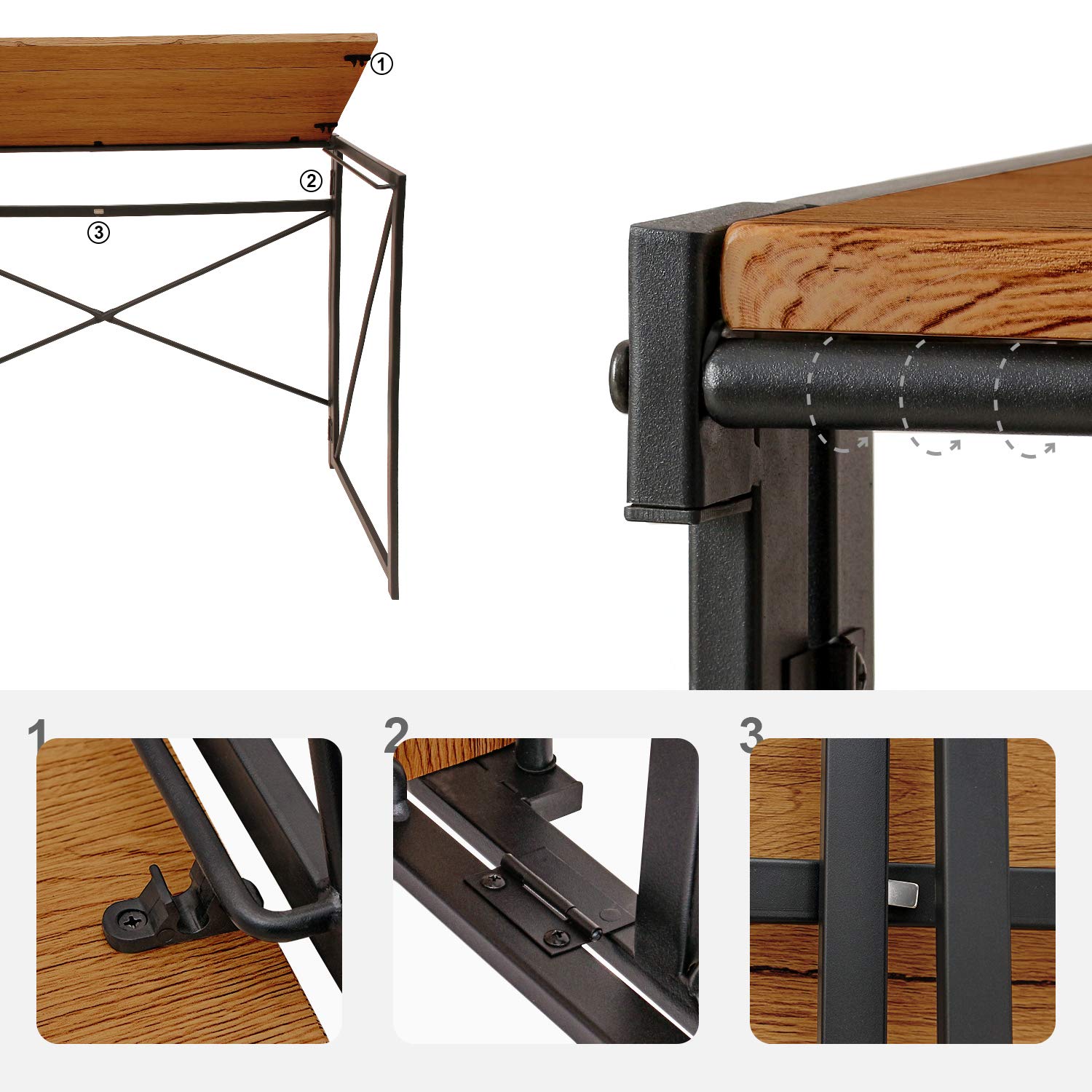 Todeco Folding Computer Desk, Home Office Desks 37" Writing Study Desk Modern Minimalist Industrial Work Table Laptop Desk for Bedroom, Living Room, Brown