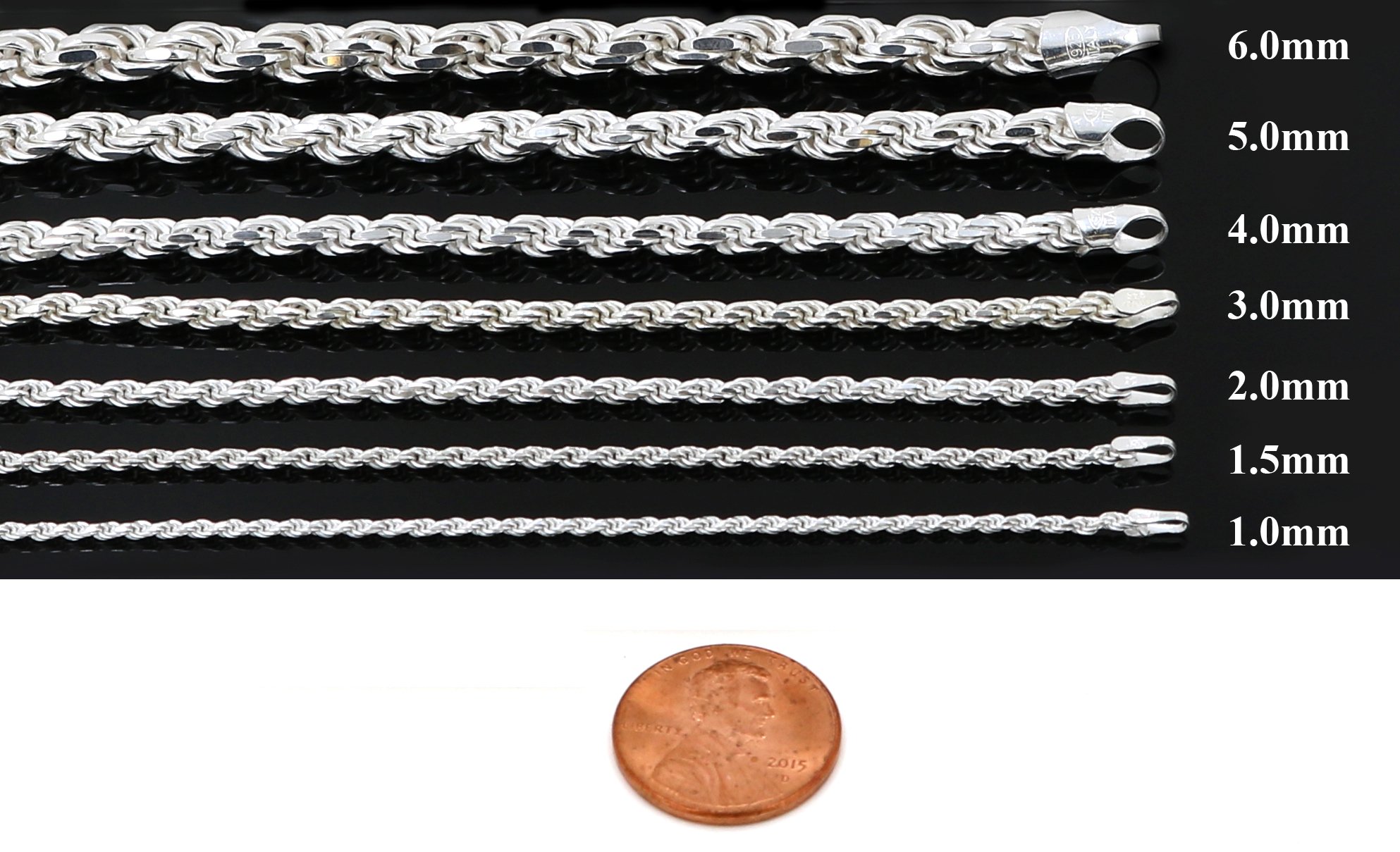 Real Solid 925 Sterling Silver Diamond Cut Rope Chain 4.0mm 16" to 30" (30)