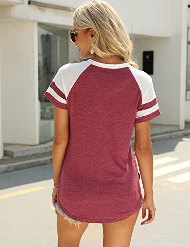 Womens V Neck Summer T-Shirts Casual Short Sleeve Tops Loose Fit Shirts Blouse Plum