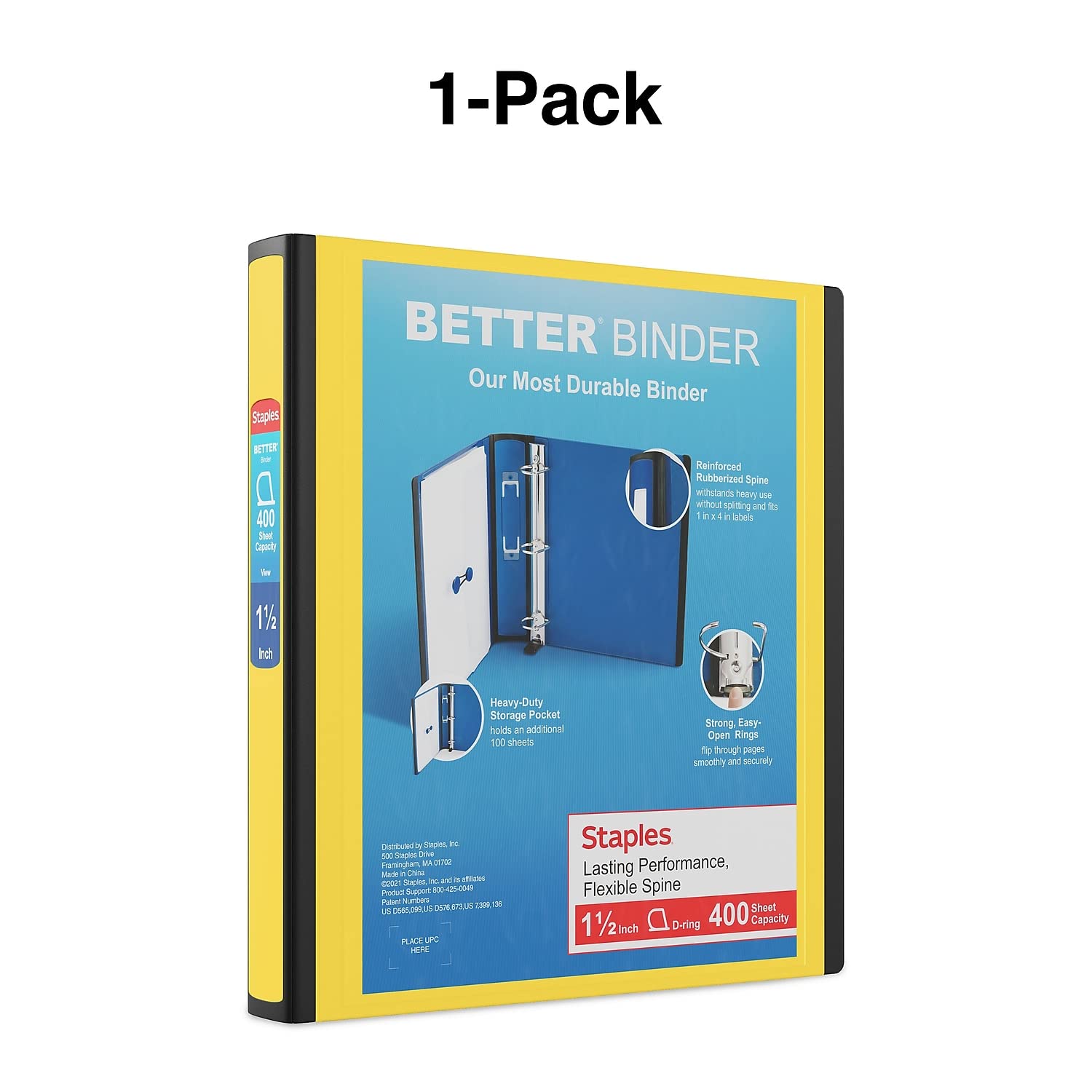 Staples 827605 1.5-Inch D-Ring Better Binder Yellow (19060)