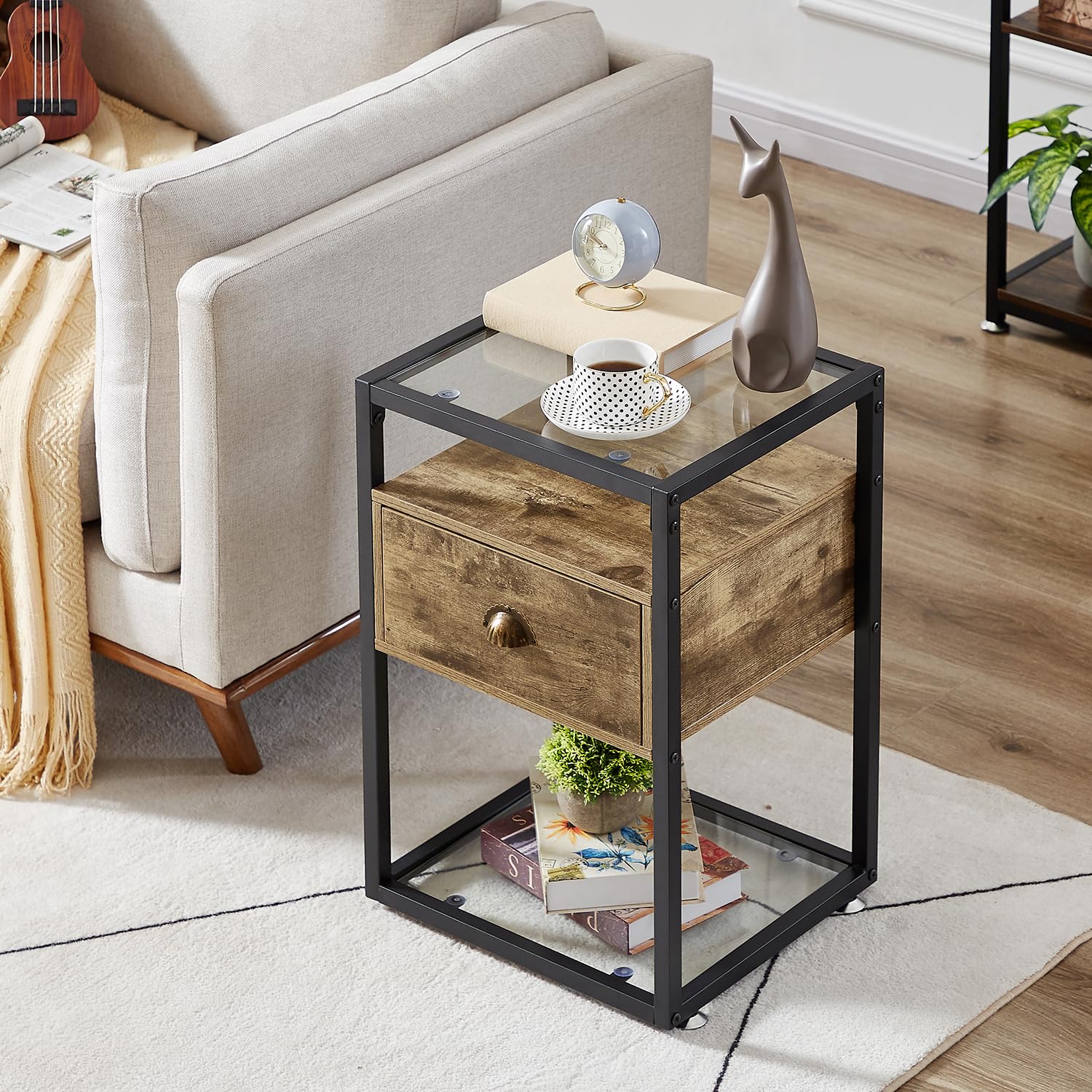 VECELO End Table, Modern Nightstand with Drawer, Night Stand Set of 2 for Bedroom Living Room,Tempered Glass, 23.6" Height, Grey