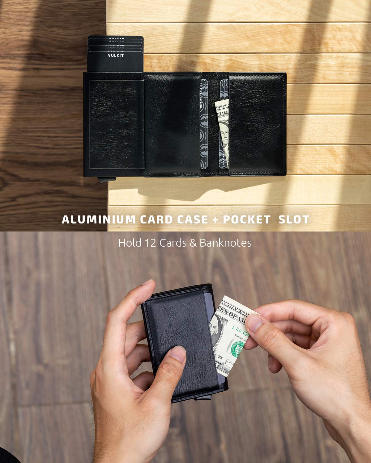 VULKIT Card Holder Pop Up Slim Wallet Leather RFID Blocking Card Case Up to 8 Credit Cards Black