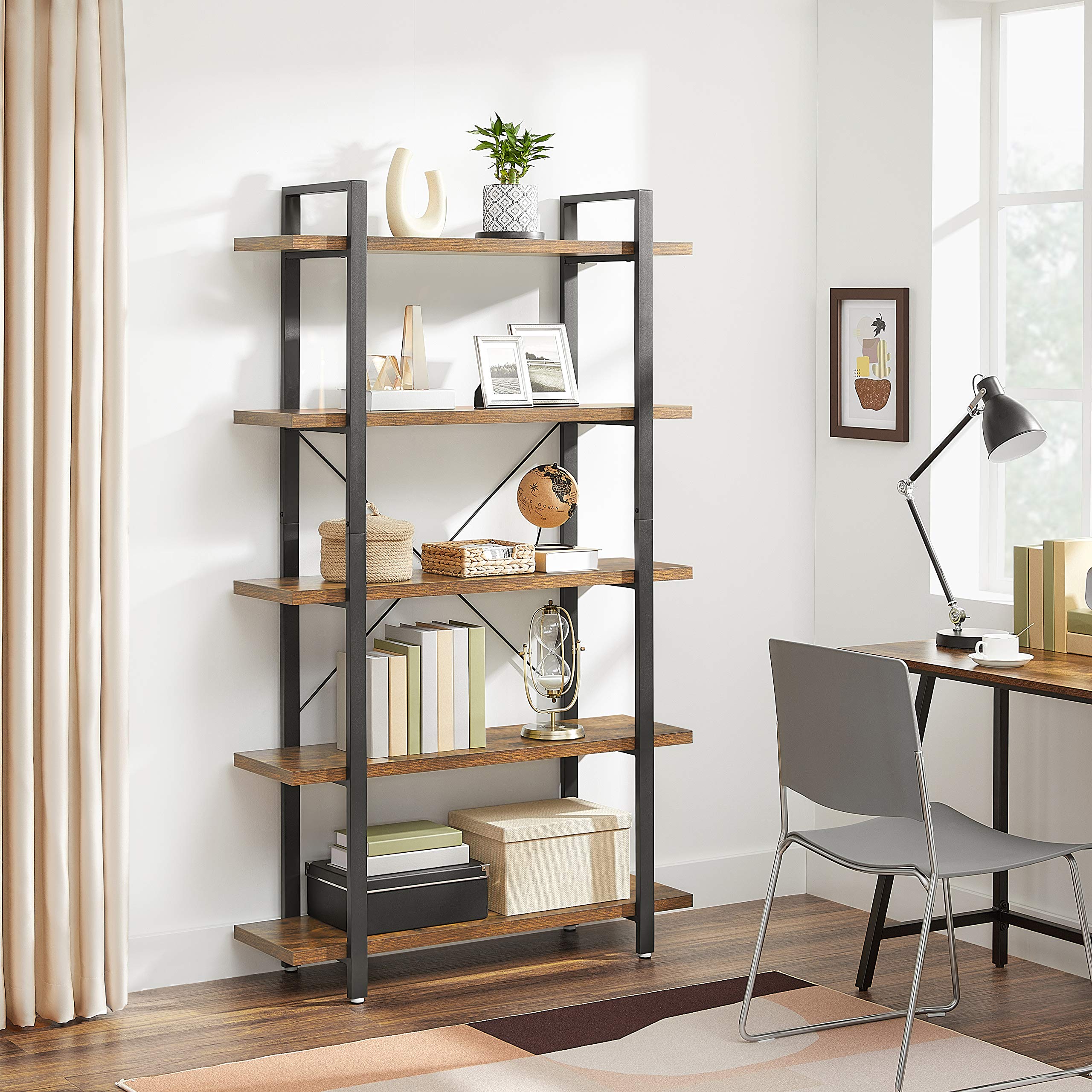 VASAGLE Industrial Bookshelf, 5-Tier Bookcase, Display Rack, Stable Ladder Shelf, Easy Assembly, Living Room, Bedroom, Office, Rustic Brown and Black ULLS55BX