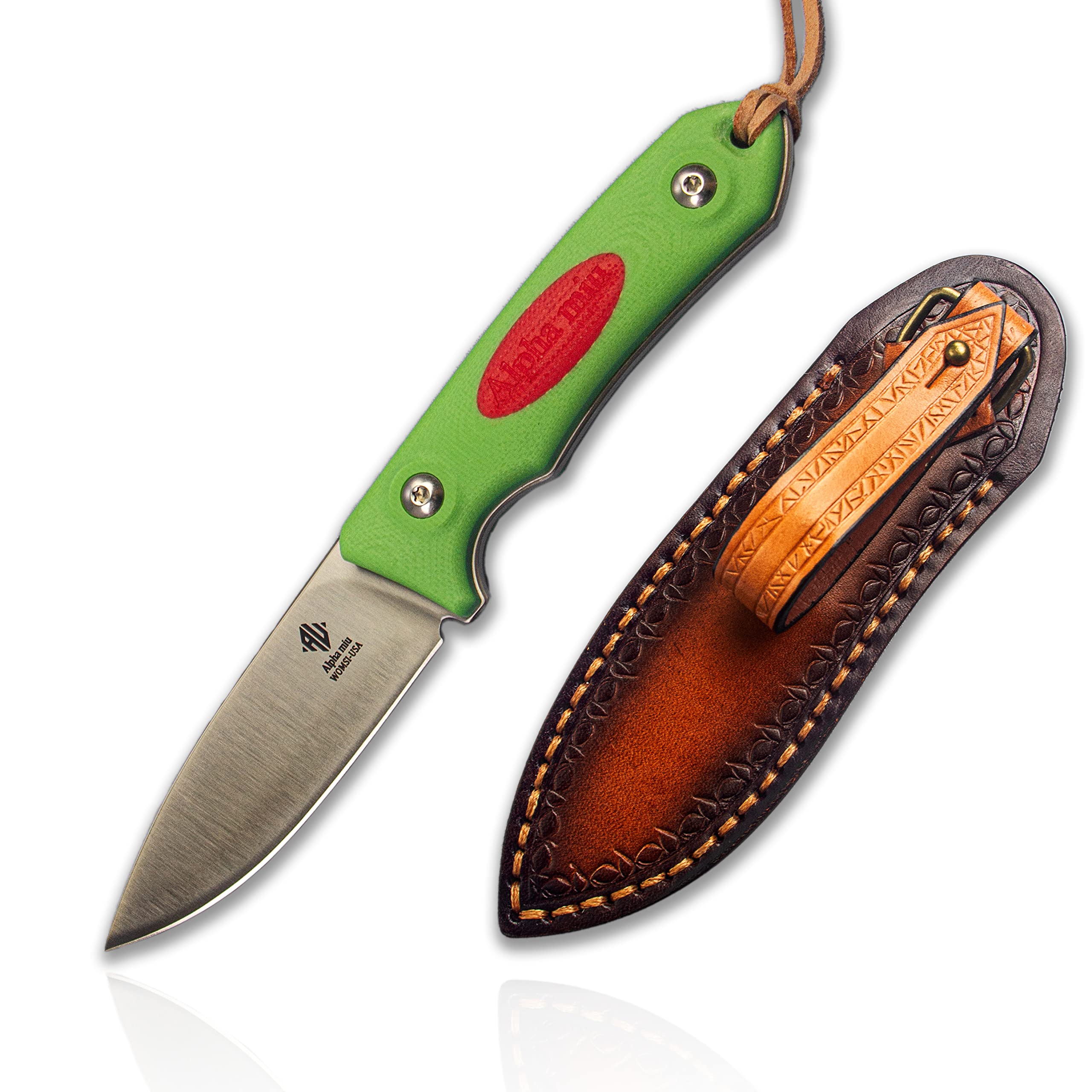 WOMSI Hunting Knife,Full Tang 6.57",DPS15-S Power Steel Blade,Sonorous&durable G10 Handle with Leather Sheath(Green)